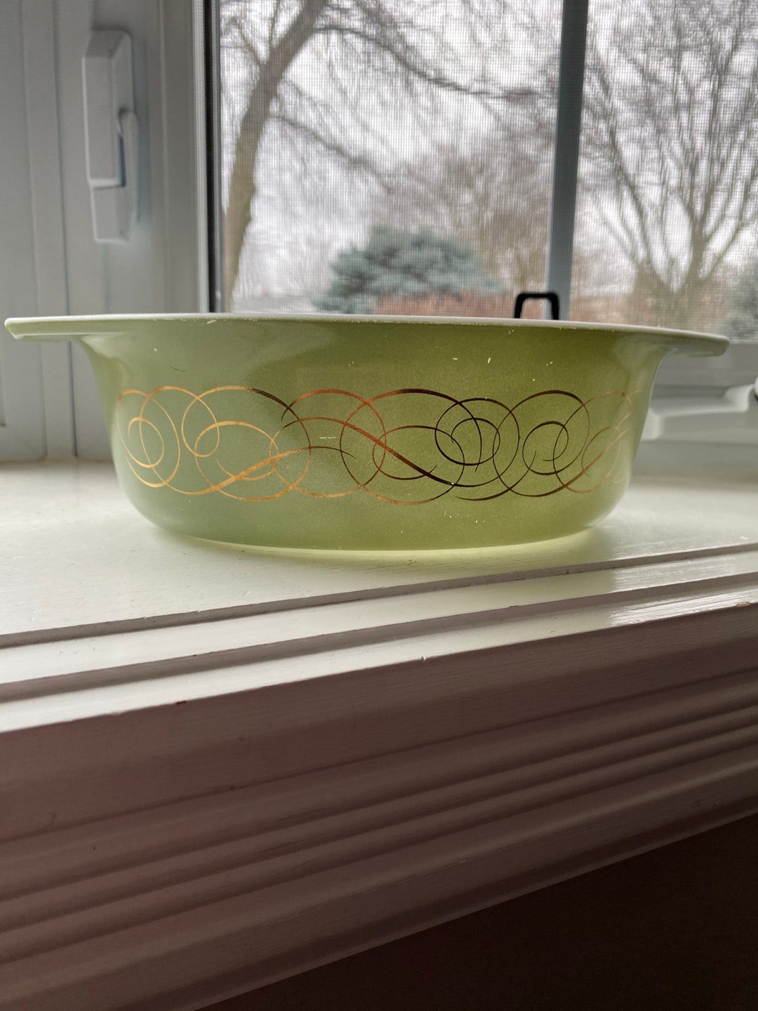 Pyrex Oval Promo Mint Green With Gold Scroll, Oval Green and Gold ...