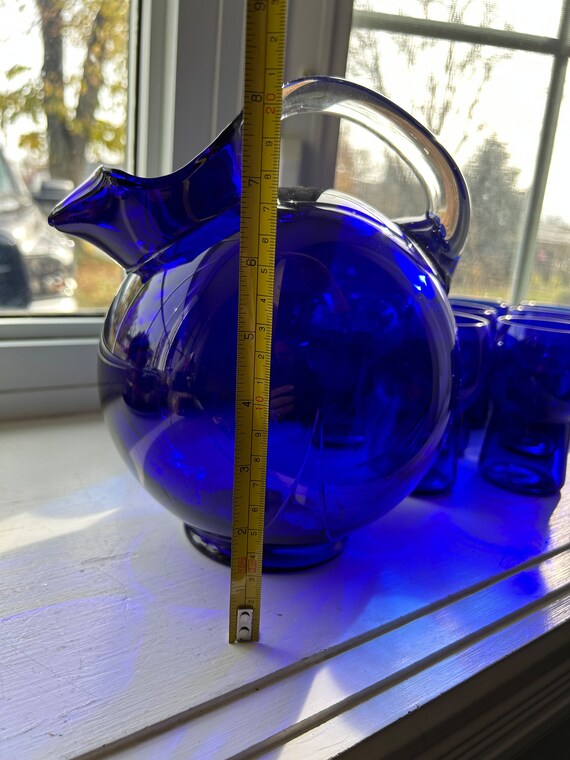 Vintage Cambridge Cobalt Blue Pitcher and Mushroom Glasses, Ball