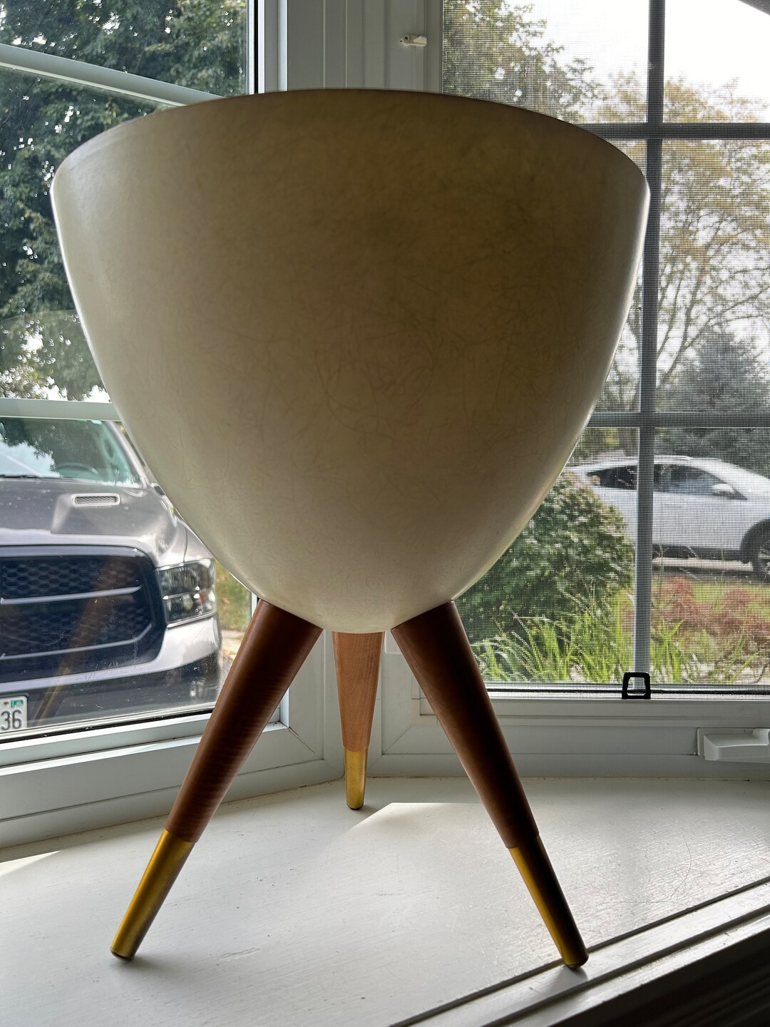 Mid Century Fiberglass Bullet Planter With Teak Tripod Legs, Brass Feet ...