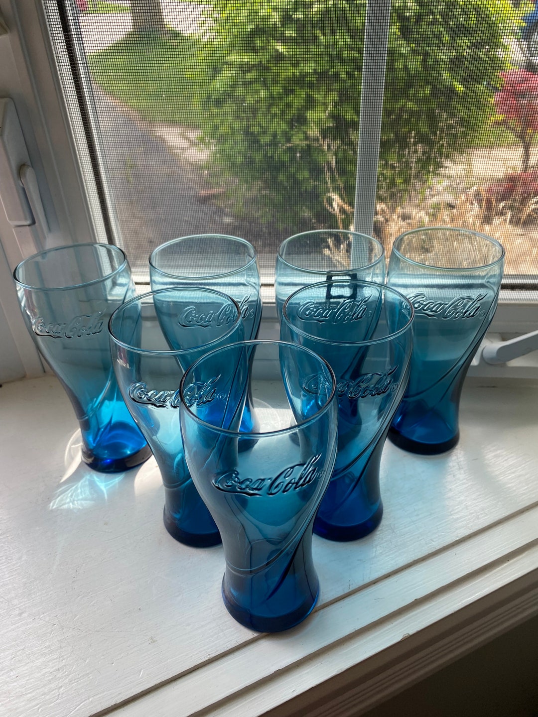 Blue Coca Cola Set of 7glass Tumbler Drinking Glasses, Soda Pop ...
