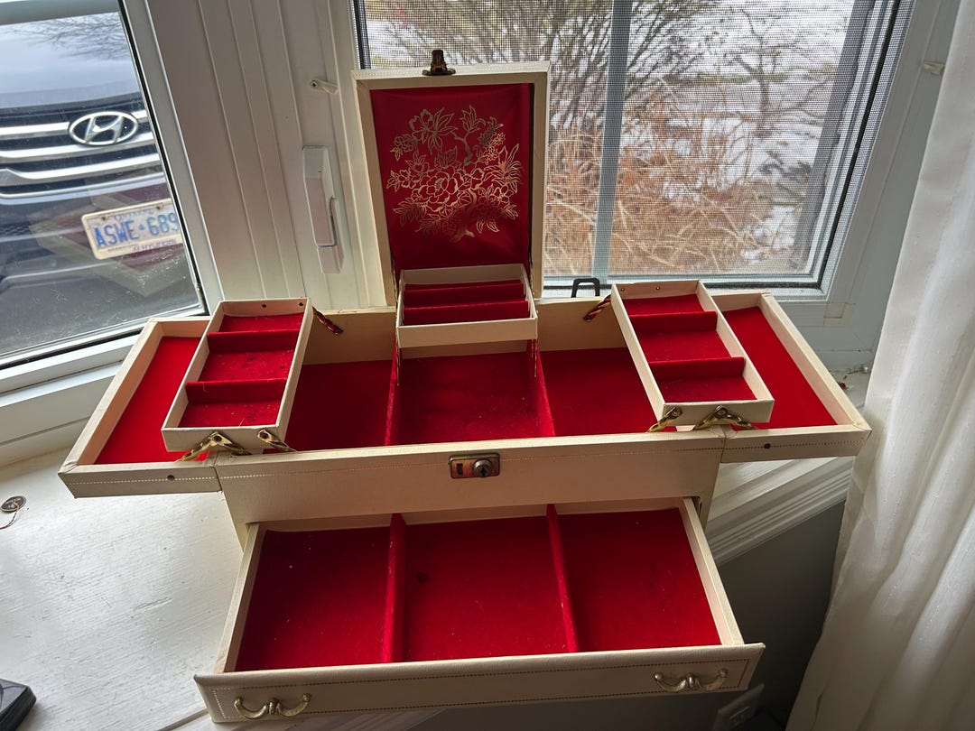 Large Vintage Mele Jewelry Box, Red Velvet Interior, Multi Tier ...