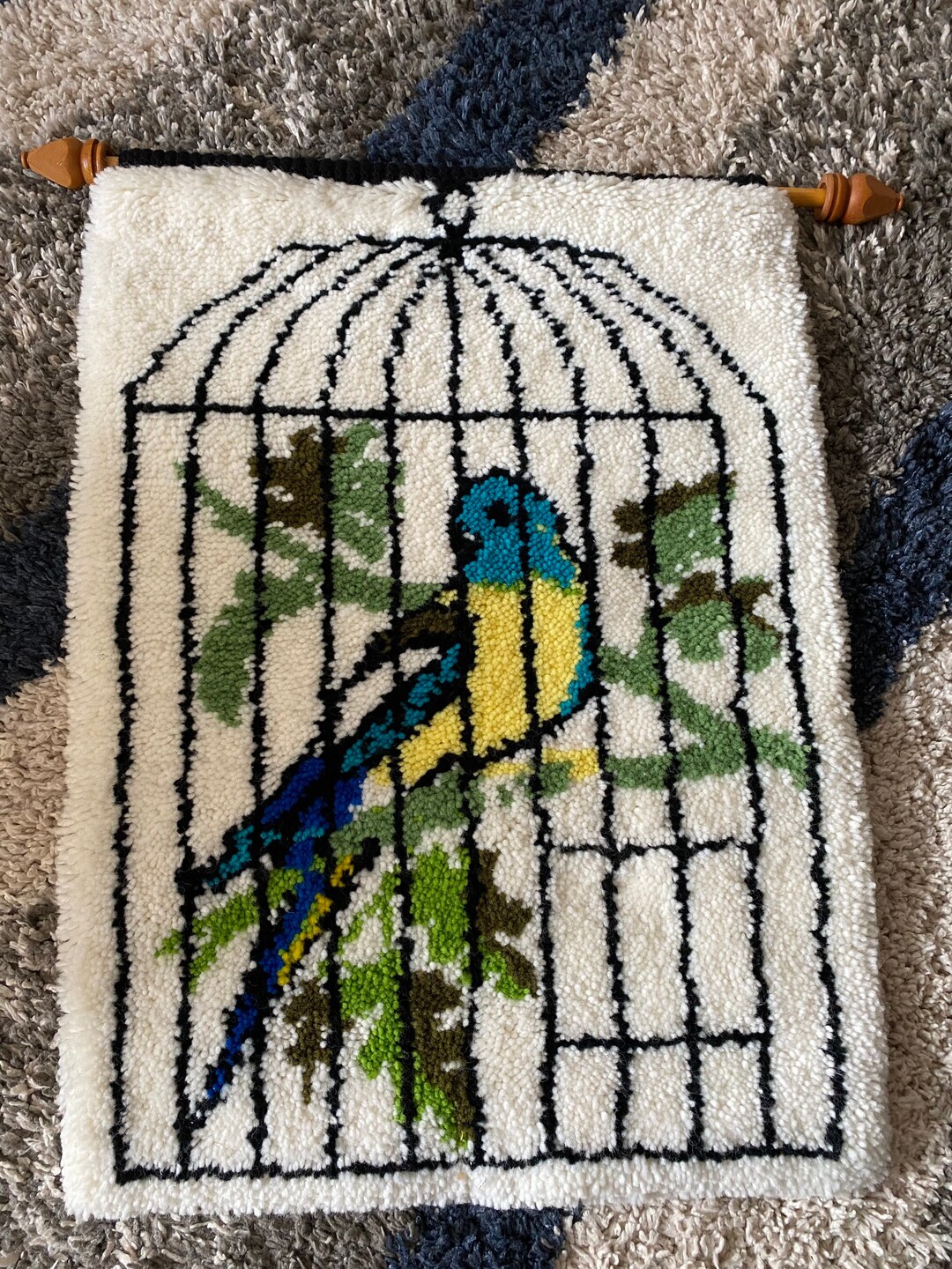 Vintage Latch Hook Wall Hanging, Bird in a Cage Wall Decor, Rug Hook - Etsy