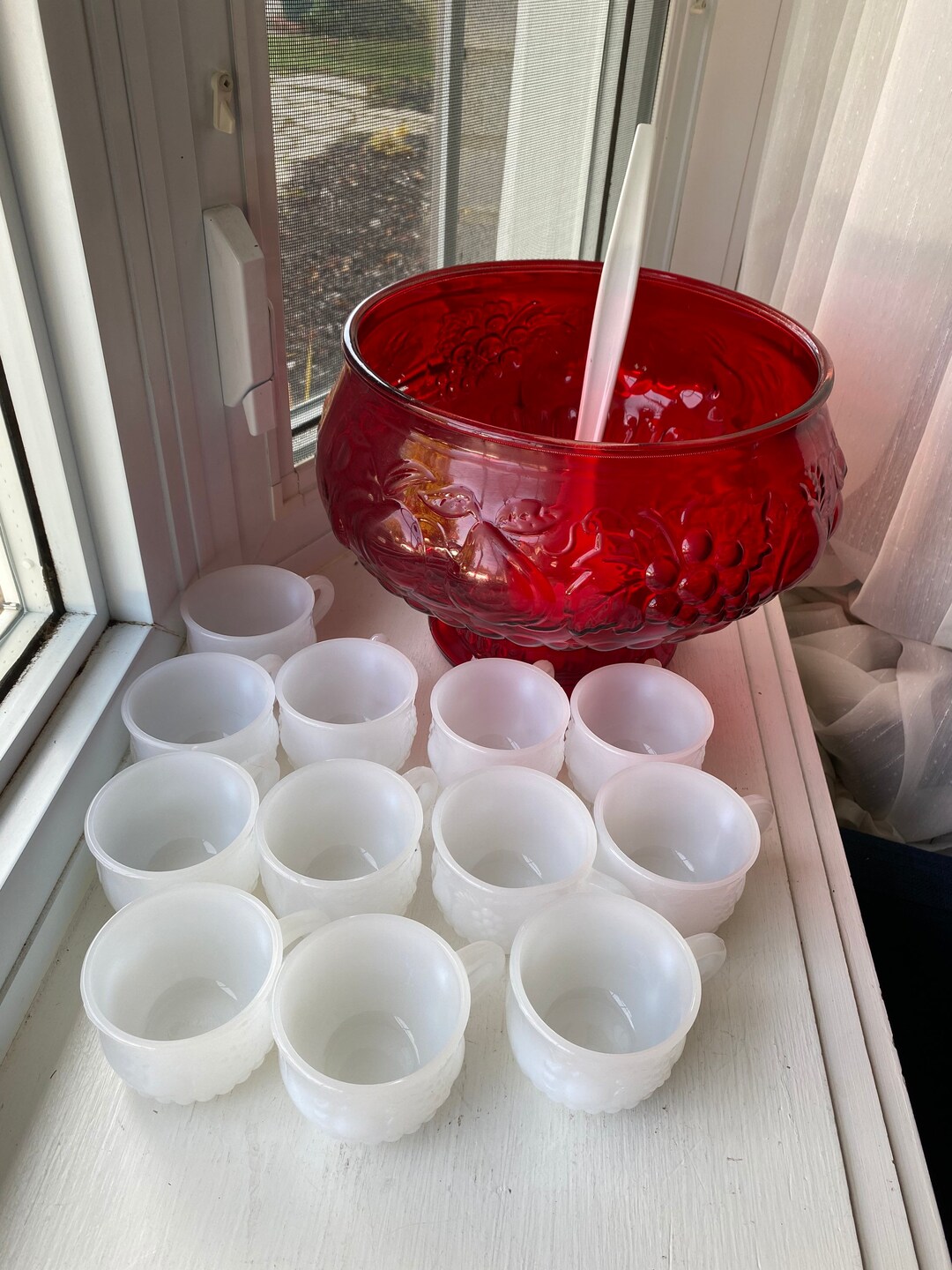 Ruby Red Punch Bowl With 12 White Milk Glass Cups ~ Indiana Glass ...