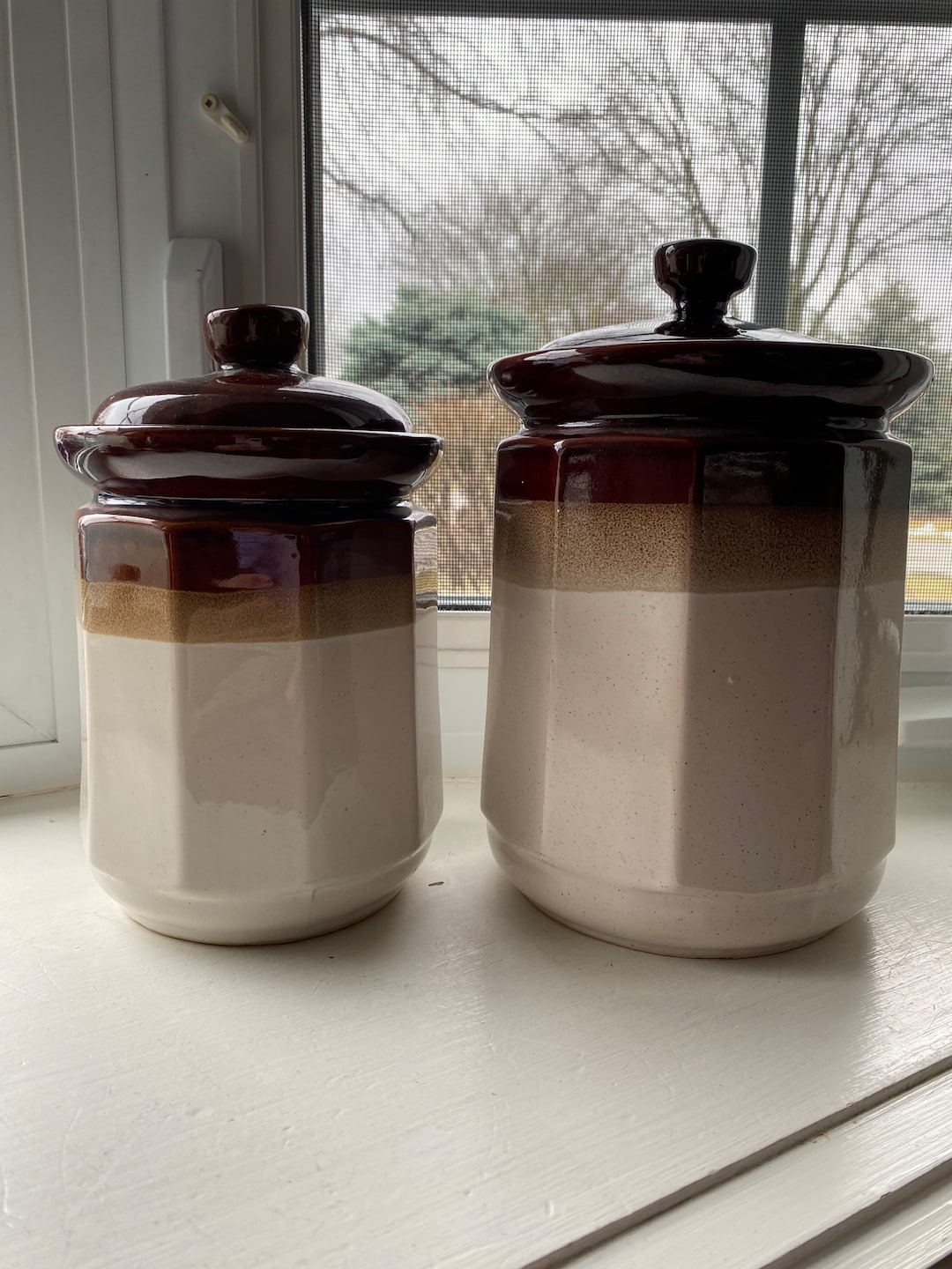 Vintage Brown Glazed Pottery Canisters, Set of Two, Retro Kitchen, Made ...