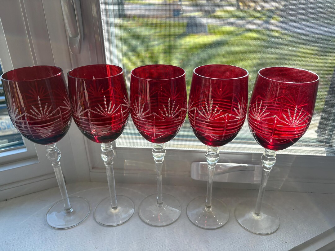 Vintage Bombay Crystal Wine Glasses, Etched Red to Clear, Set of 5 - Etsy