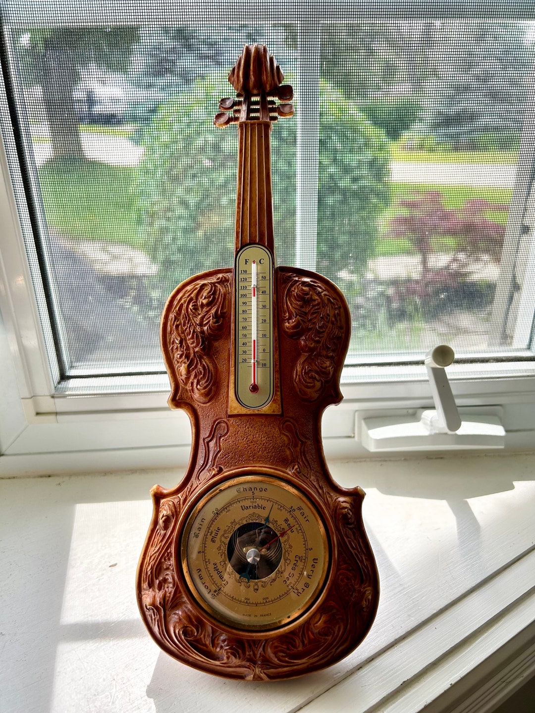 Vintage Barometer Thermometer Violin, Plastic Violin Barometer, Made in ...