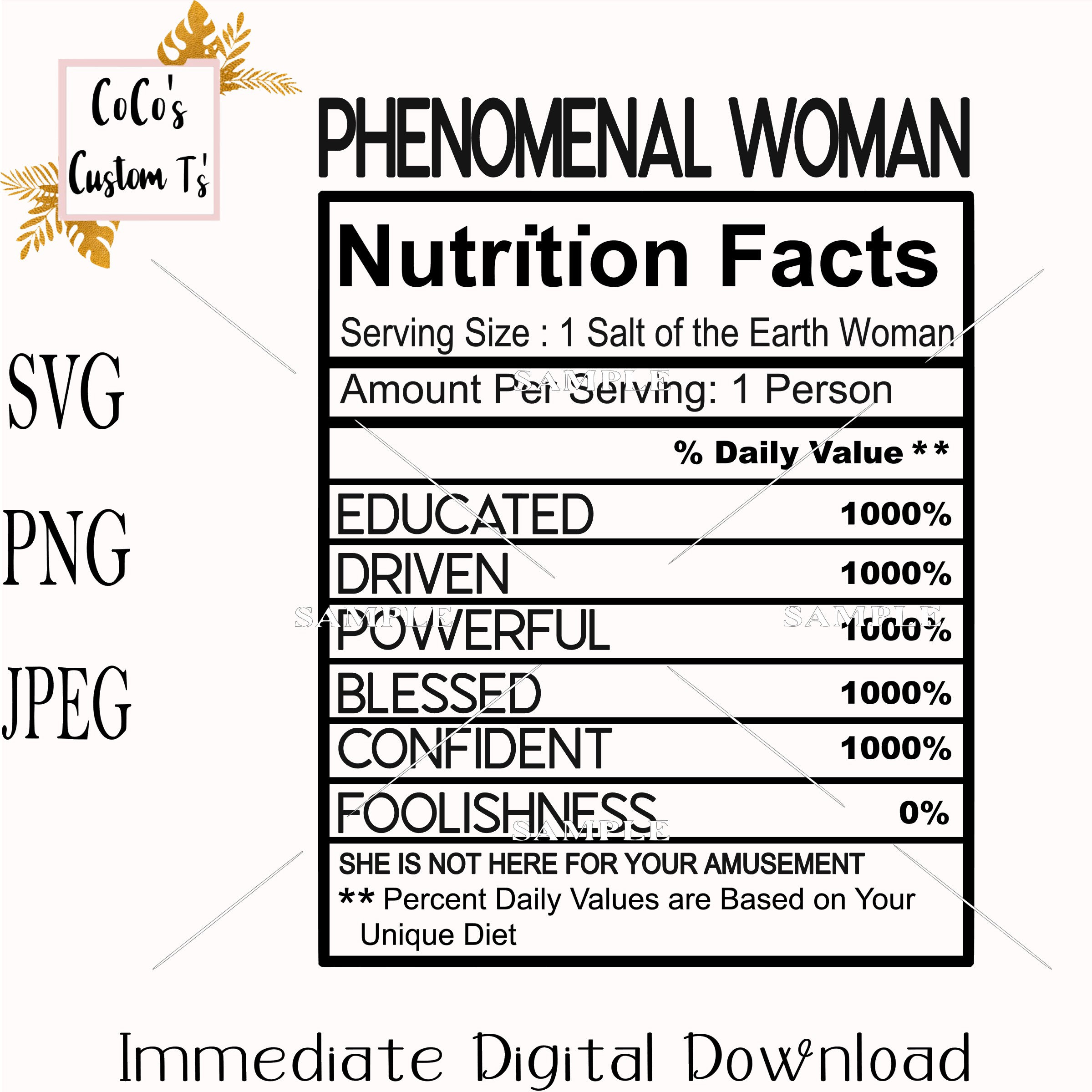 Phenomenal Woman Nutrition Facts Svg Png Jpeg Digital File Etsy India