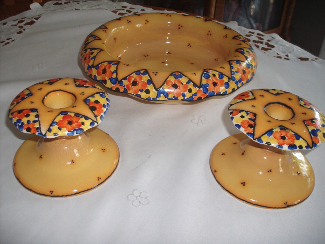 Bright Art Deco Made in Czechoslovakia Pottery Bowl & Candleholders ...