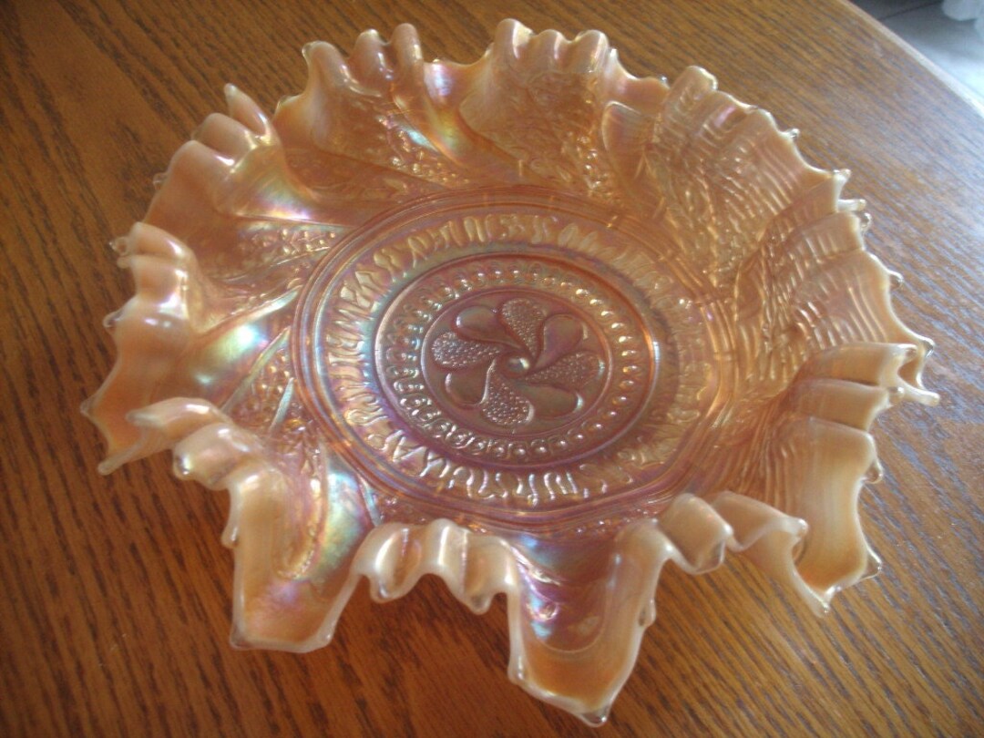 DUGAN GLASS Co Peach Opal "roundup" Pattern- Low Ruffled Carnival Glass ...