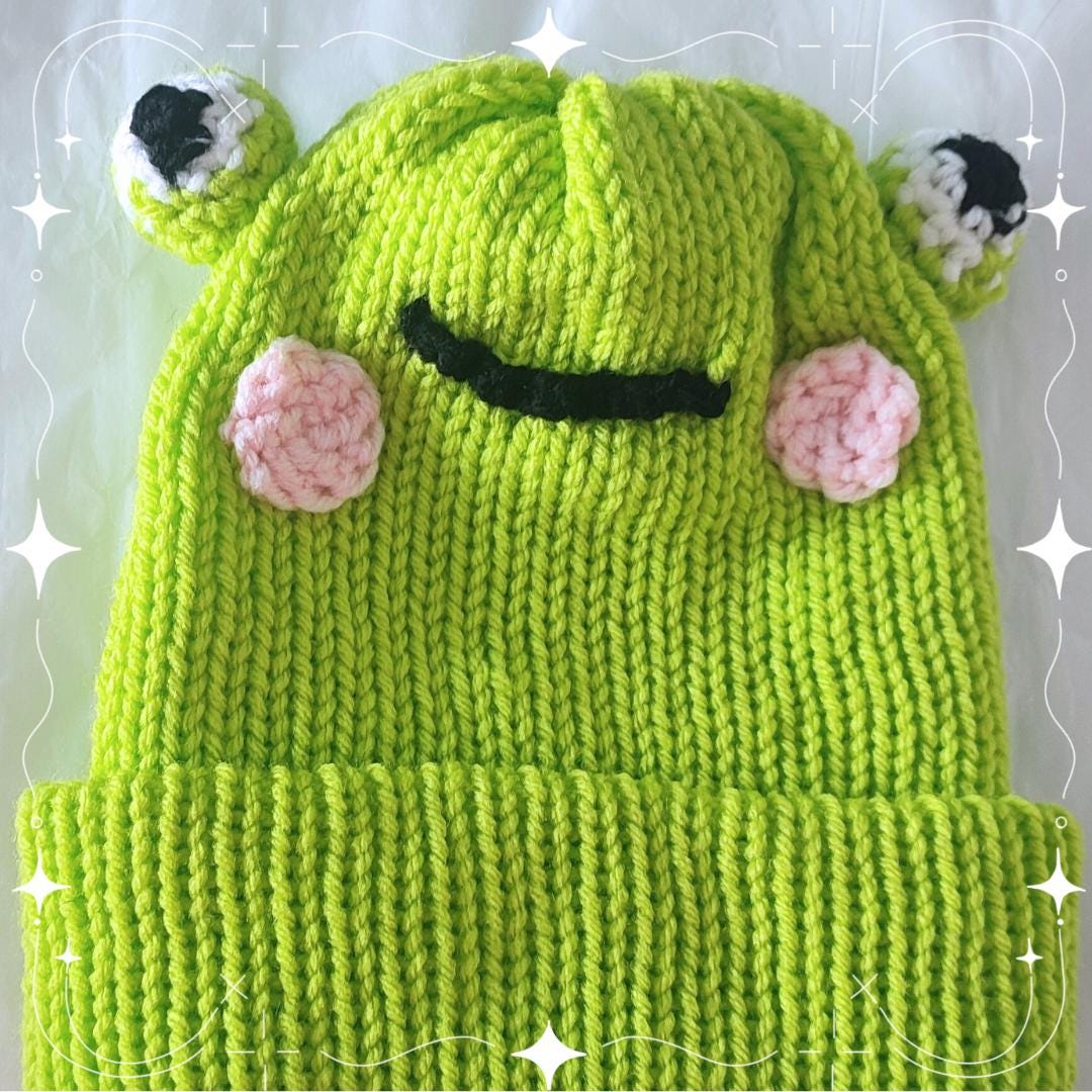 Knit Lime Frog Beanie: Cottagecore Froggy Cuffed Hat - Etsy