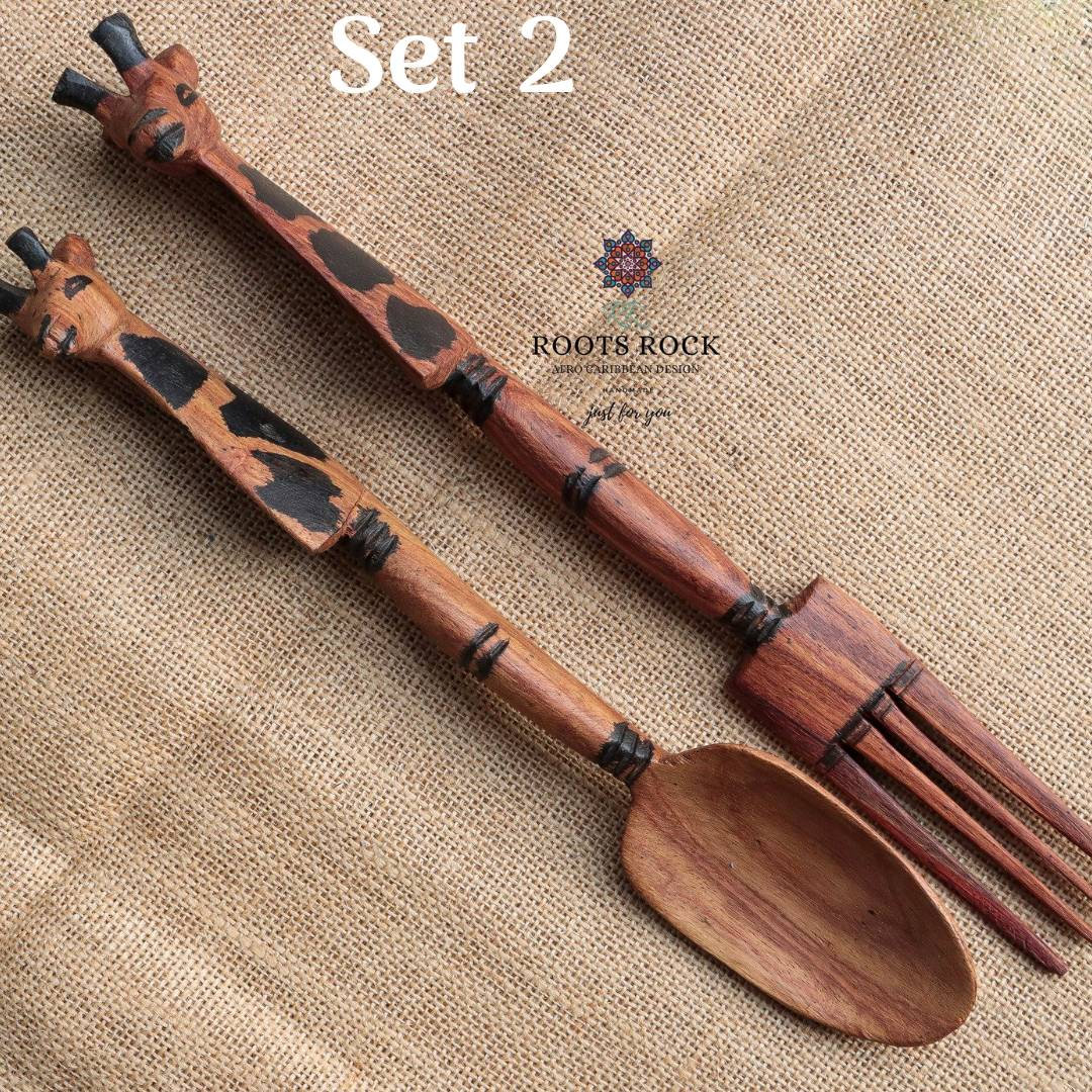 Set of African Giraff Wooden Cutlery/ Hand Carved Wooden Spoon and Fork ...
