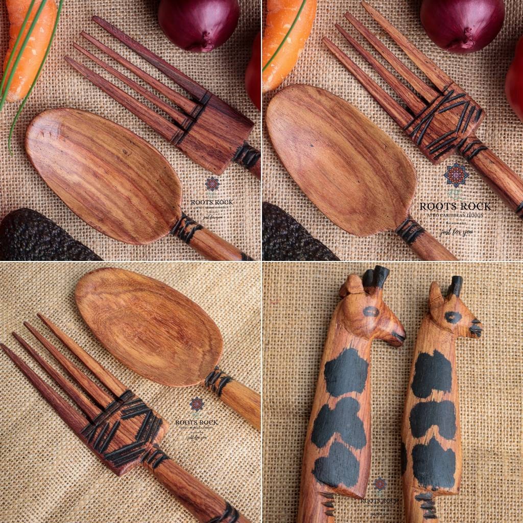 Set of African Giraff Wooden Cutlery/ Hand Carved Wooden Spoon and Fork ...