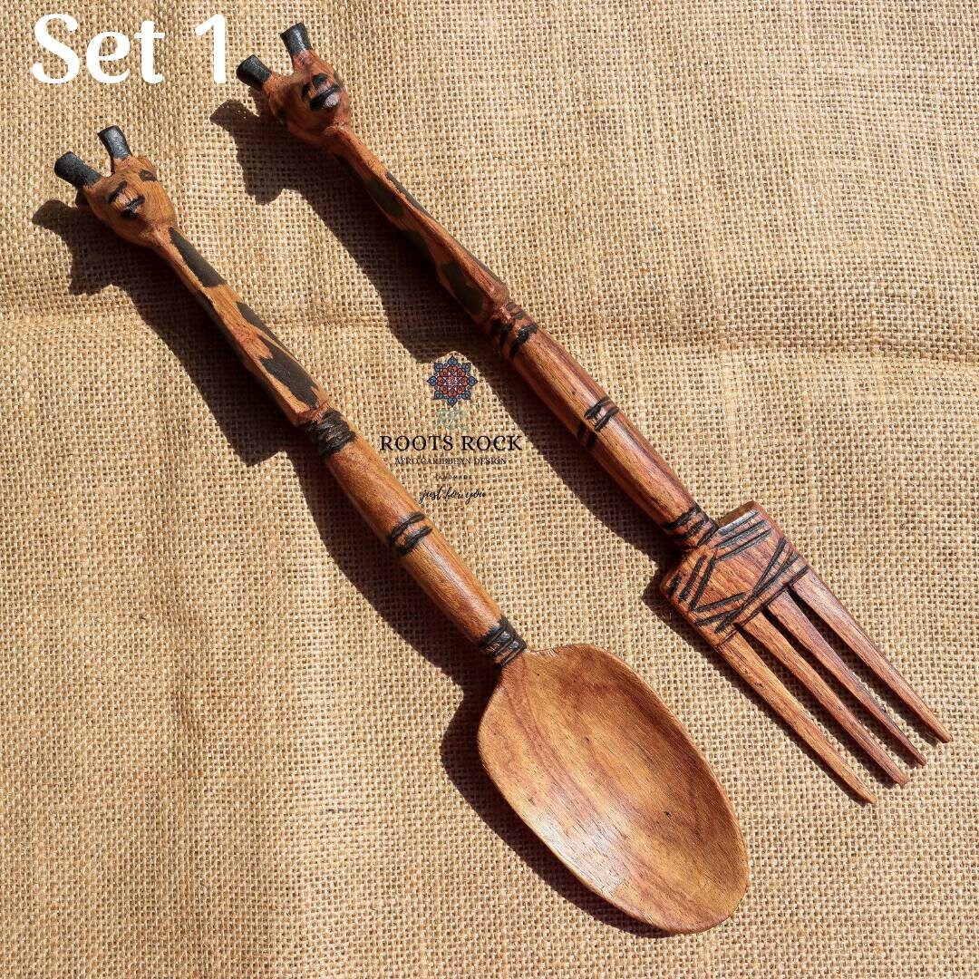 Set of African Giraff Wooden Cutlery/ Hand Carved Wooden Spoon and Fork ...