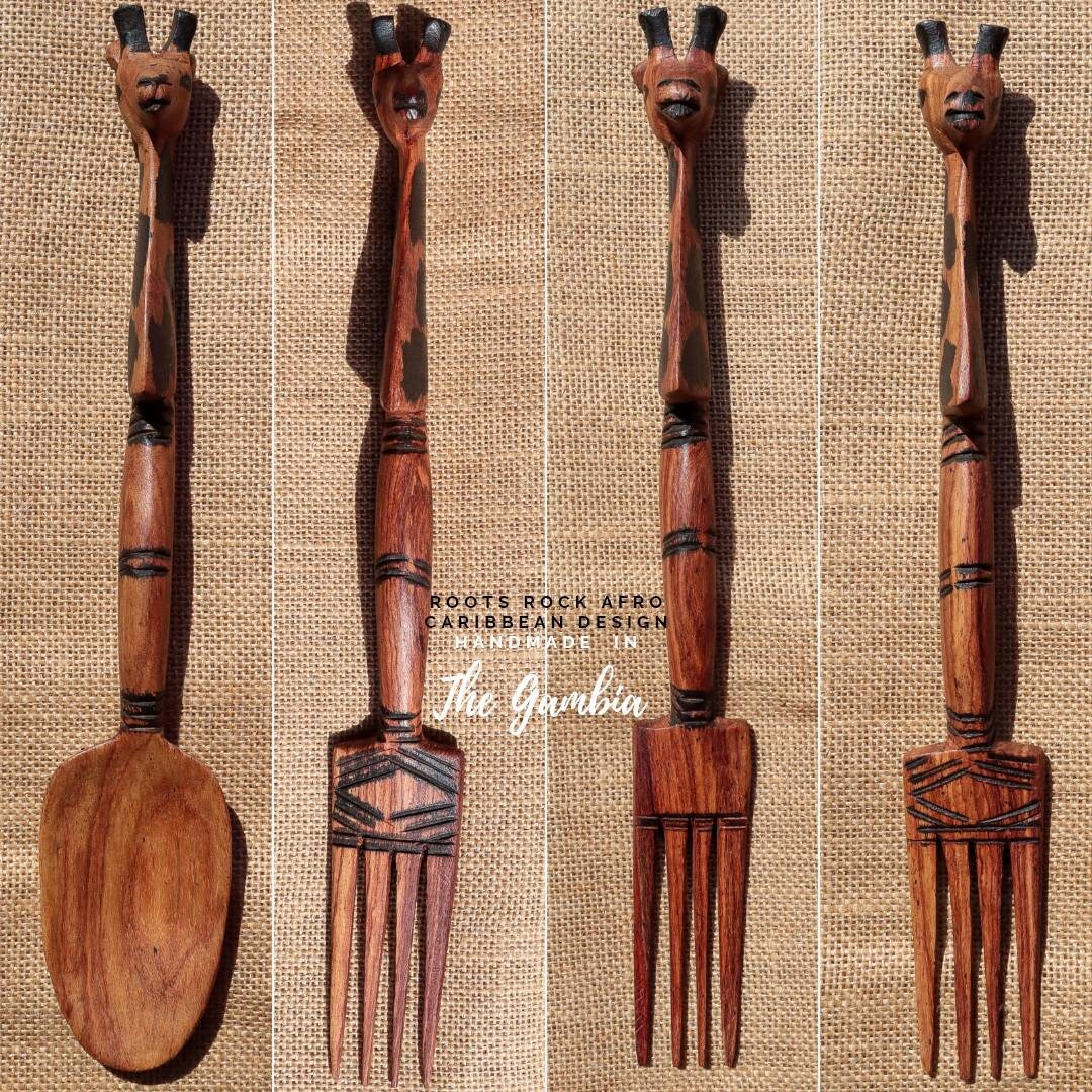 Set of African Giraff Wooden Cutlery/ Hand Carved Wooden Spoon and Fork ...