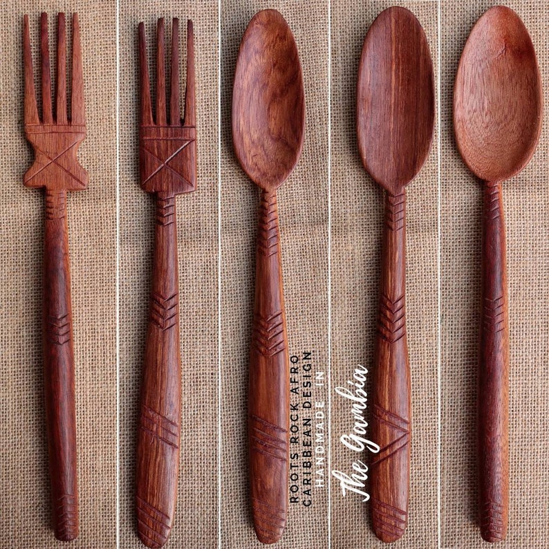 Set of African Wooden Cutlery/ Hand Carved Wooden Spoon and Fork/ Salad ...