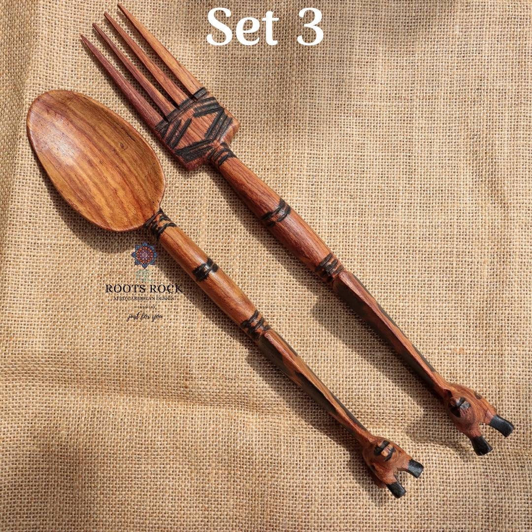 Set of African Giraff Wooden Cutlery/ Hand Carved Wooden Spoon and Fork ...
