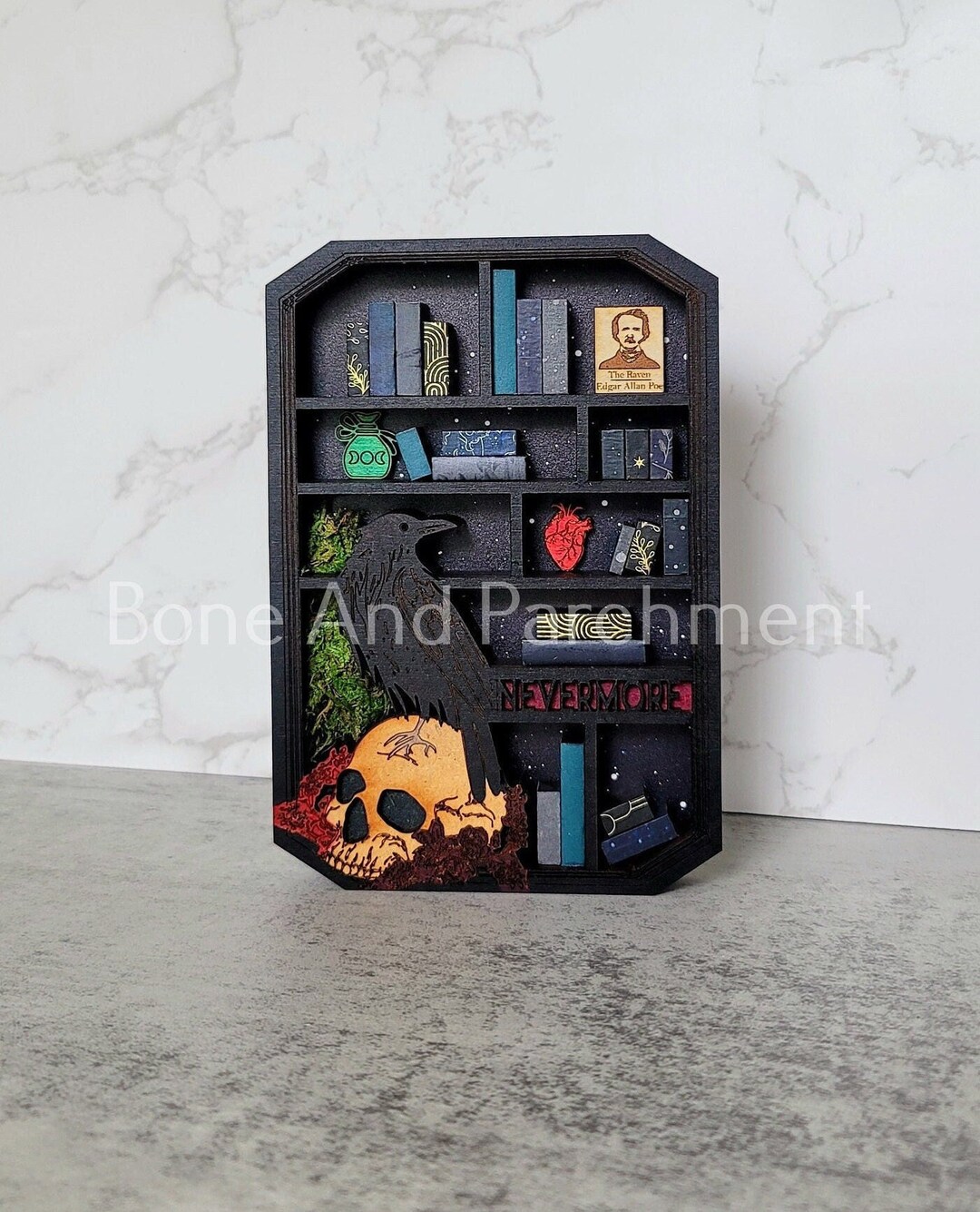 Mini Bookshelf, Mini Library, Edgar Allan Poe Décor, Raven Skull Décor, Nevermore, Bookshelf ...