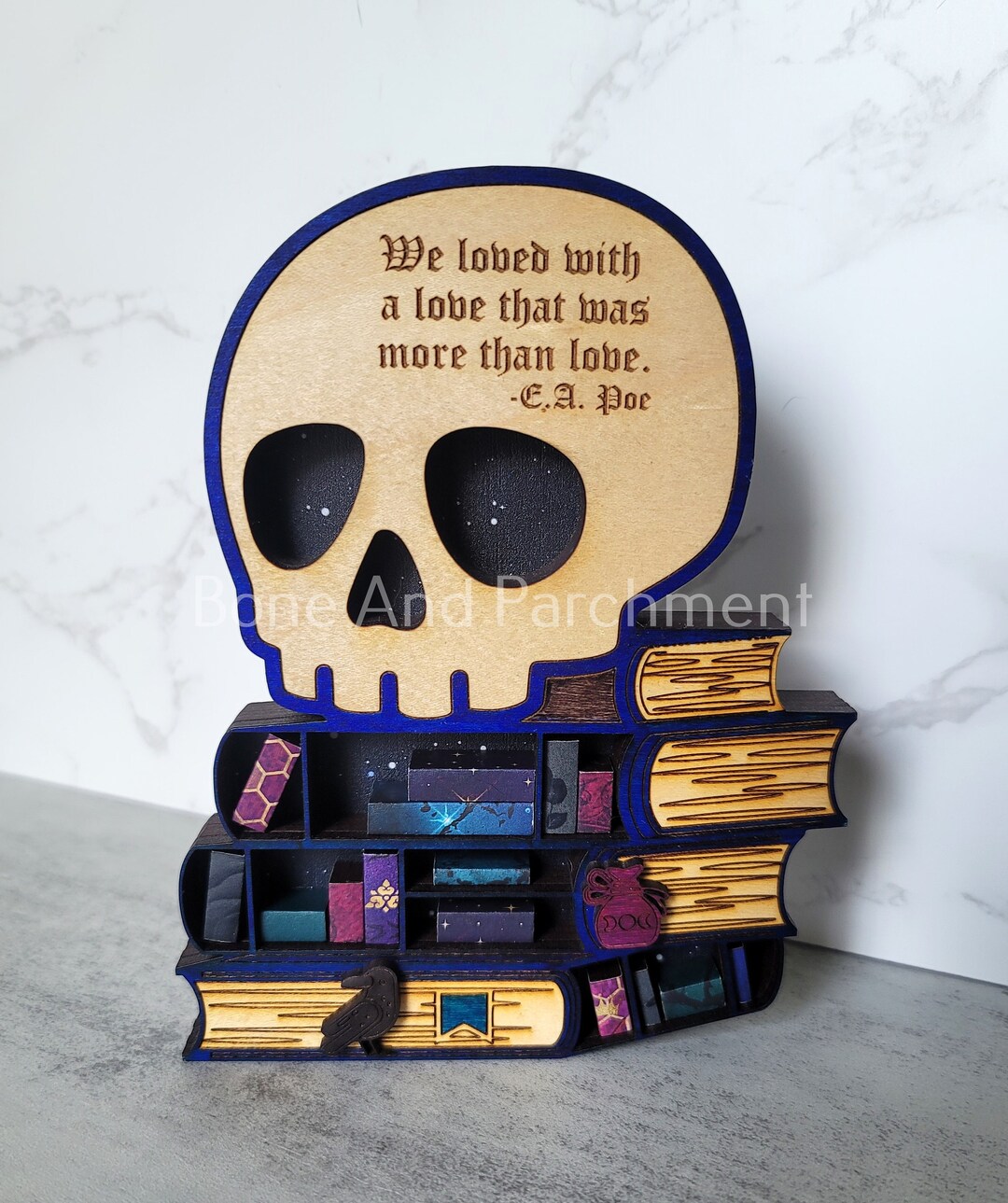 Mini Bookshelf, Mini Library, Edgar Allan Poe Décor, Skull Décor, Skull and Book, Bookshelf ...