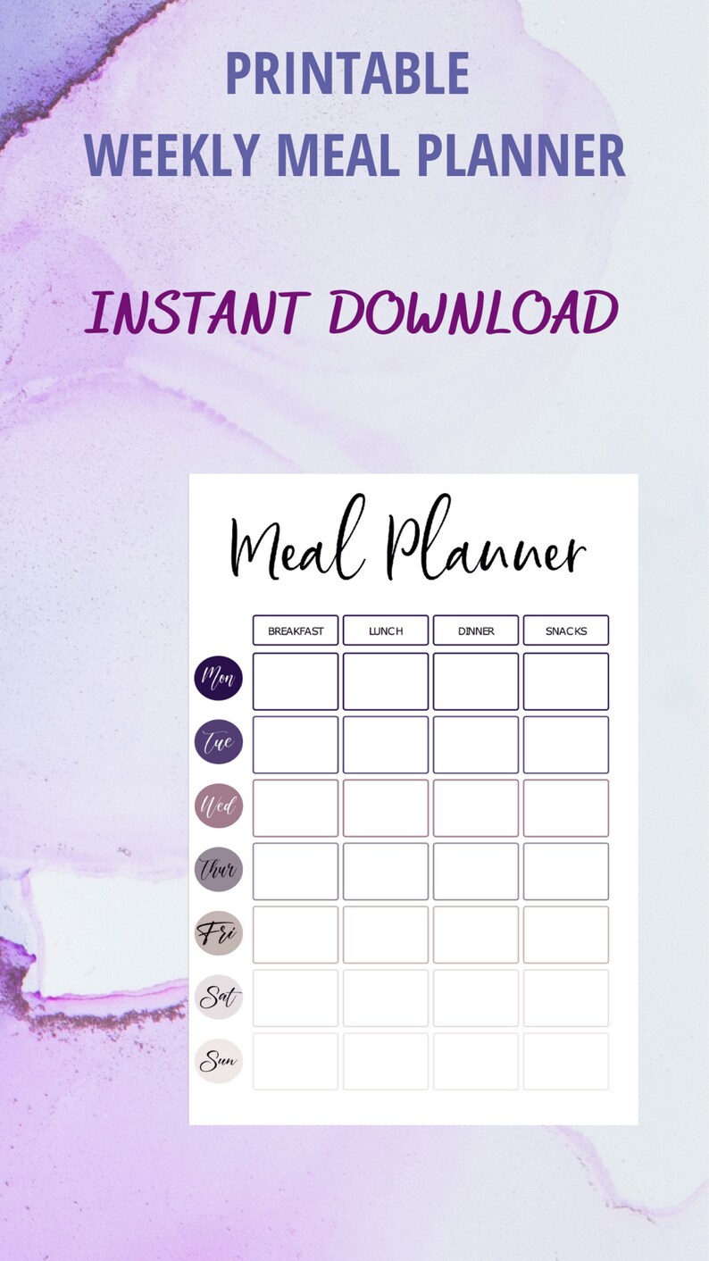Printable Weekly Meal Plan Digital Download Printable Weekly - Etsy