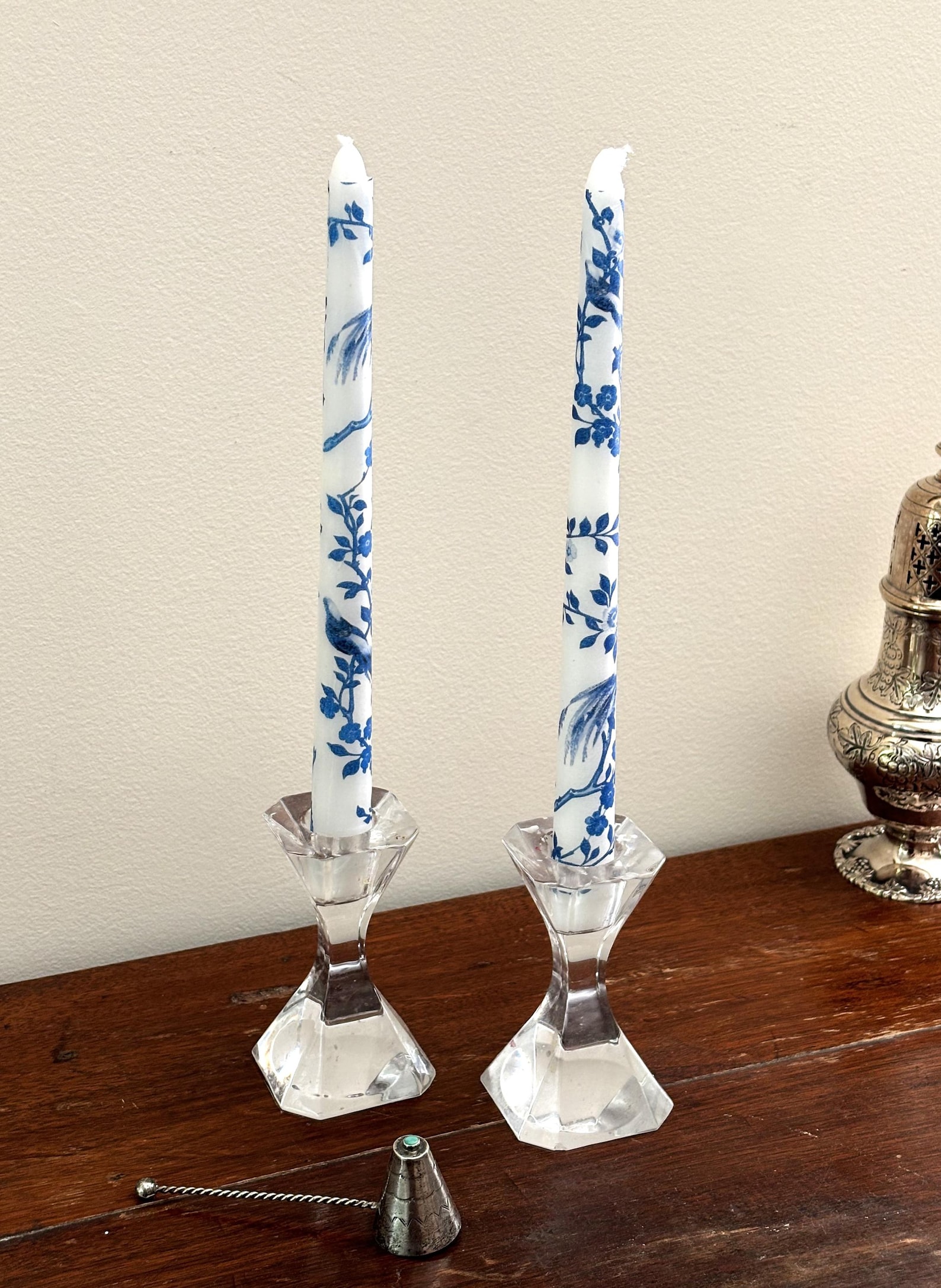 Chinoiserie Pattern Blue & White Taper Candles With Birds and Florals ...