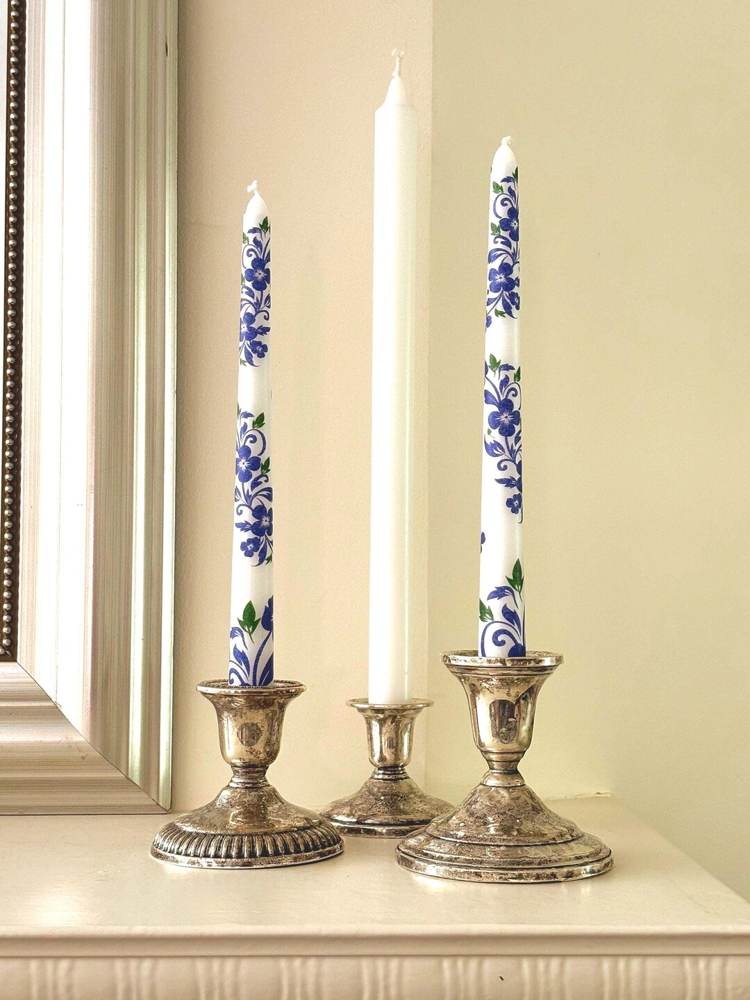 Elegant Indigo Floral Design Taper Candles, Bridal, Wedding, Communion ...