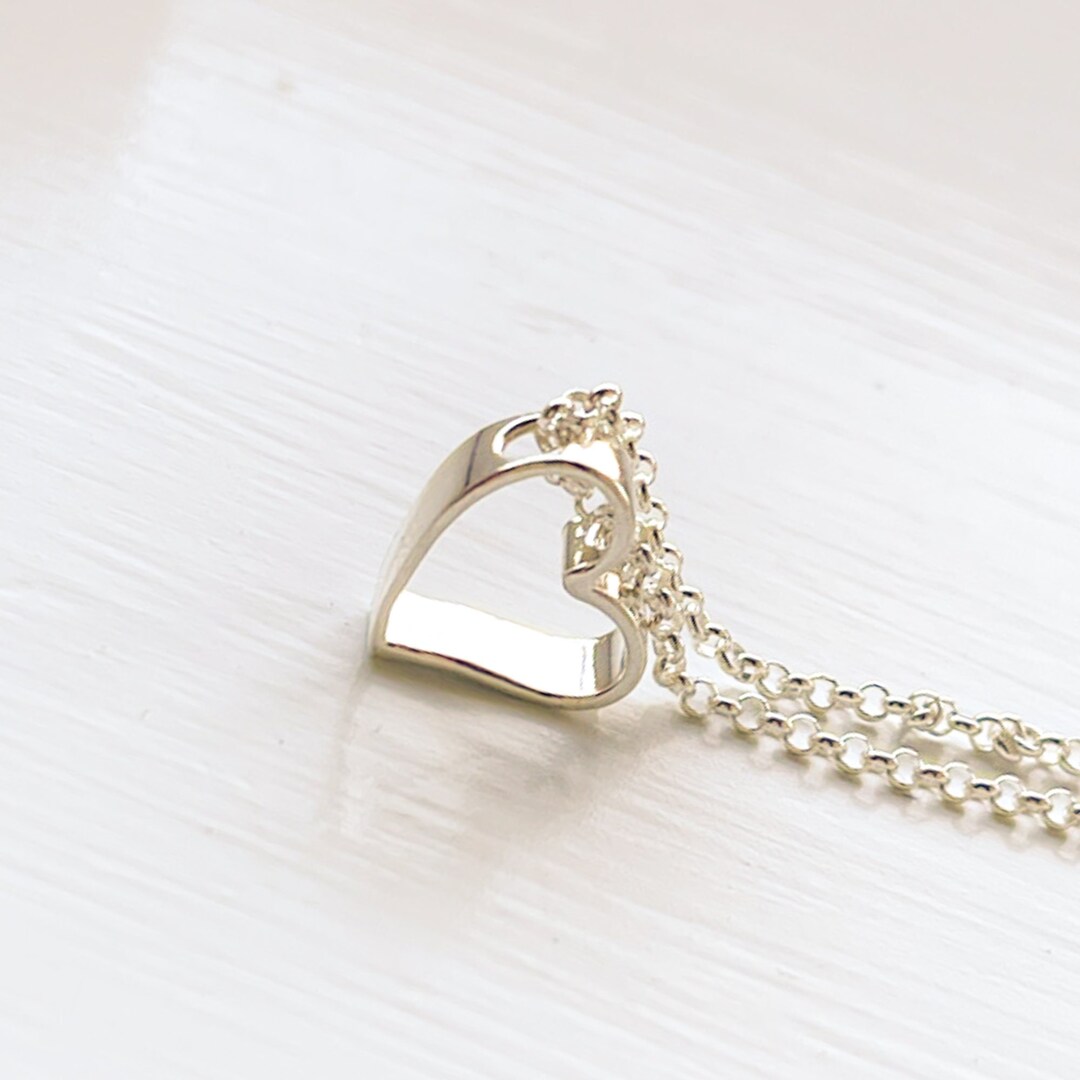 Tilted Angled Heart Charm Sterling Silver Necklace. Angled 925 Silver ...