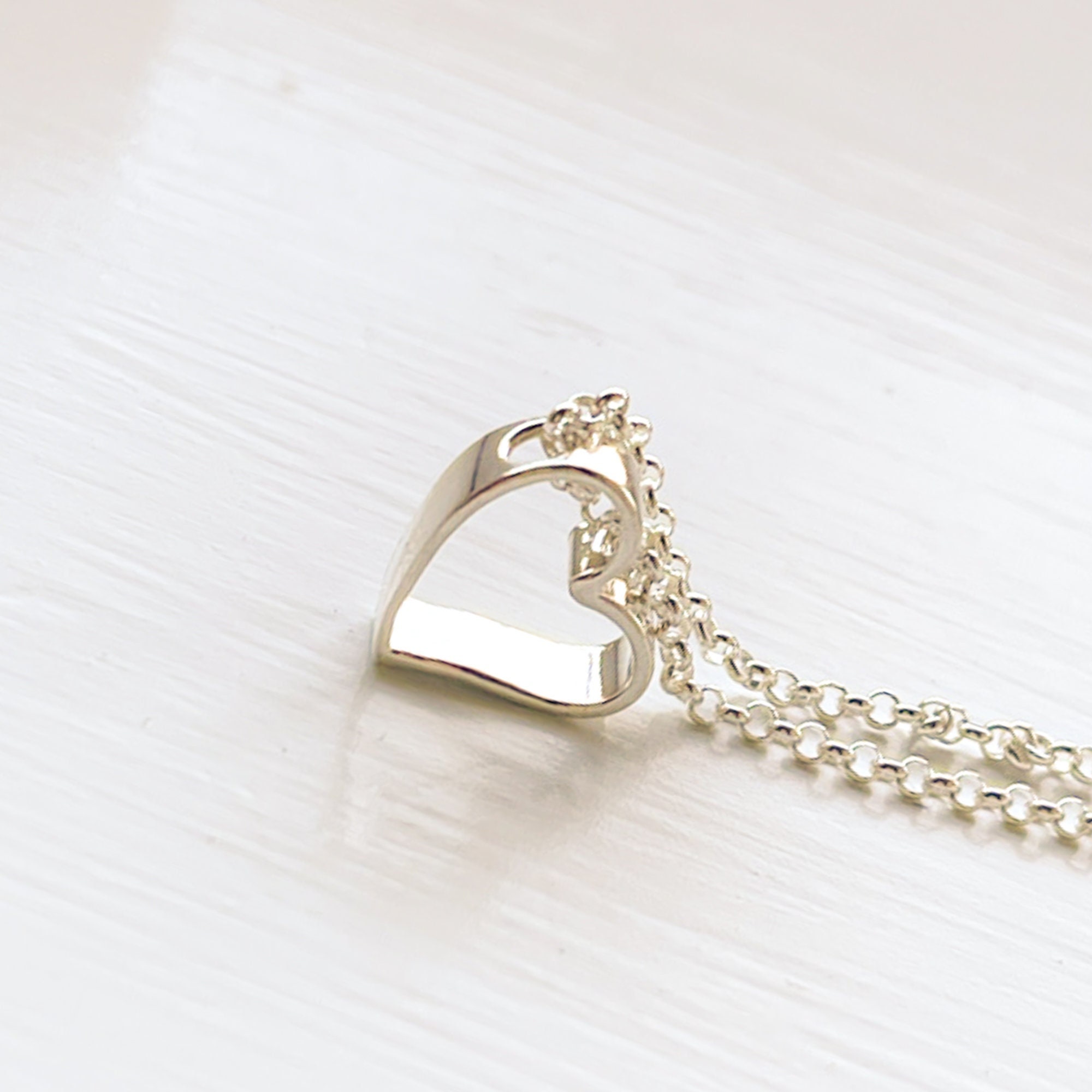 Tilted Angled Heart Charm Sterling Silver Necklace Angled 925 Silver ...