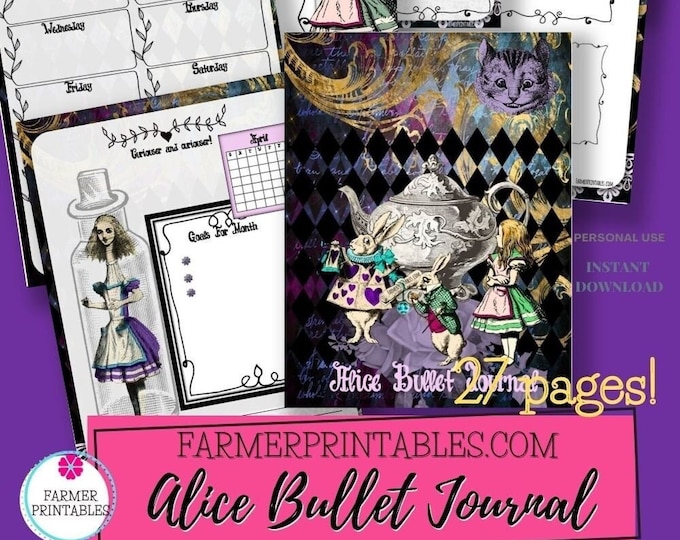 Alice in Wonderland Printable Journal, Bullet Journal Undated Calendar ...