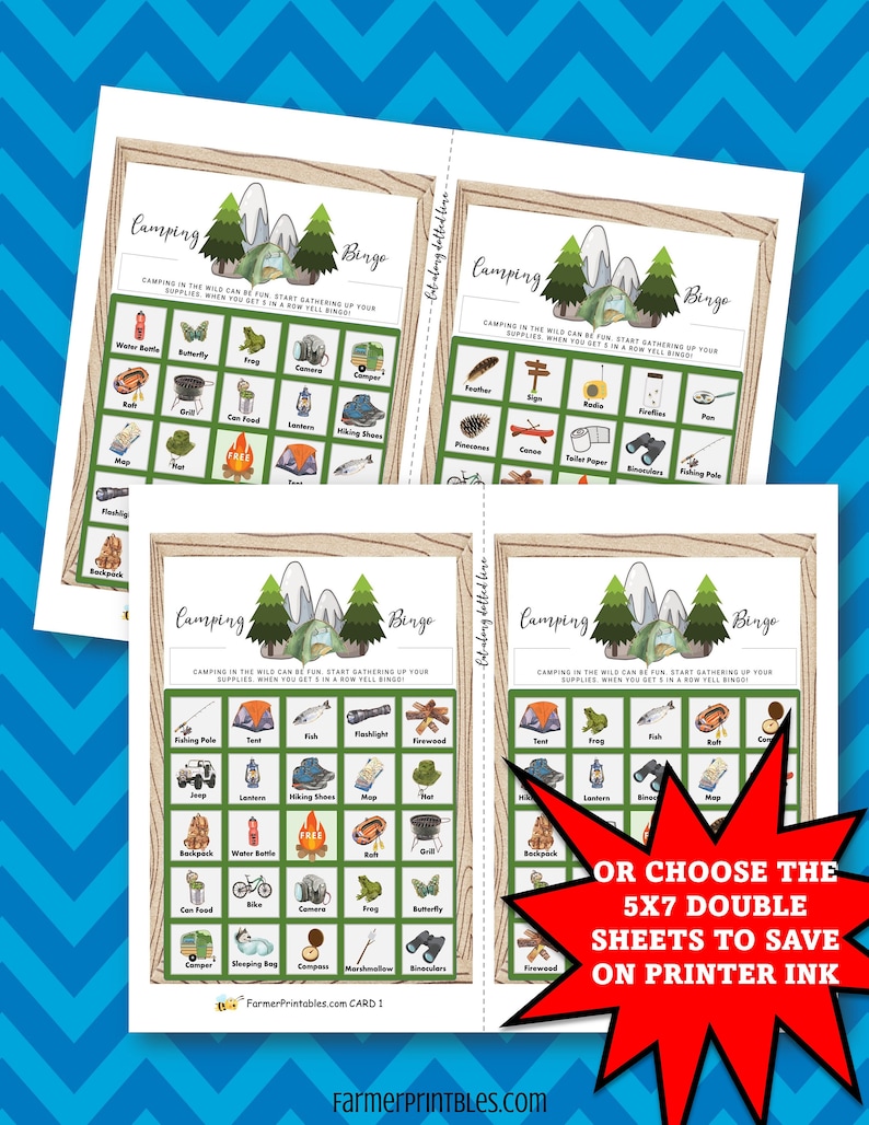 Camping Bingo Game, 30 Game Boards, 5x7 & Full Sheet, Game Pieces, Call ...