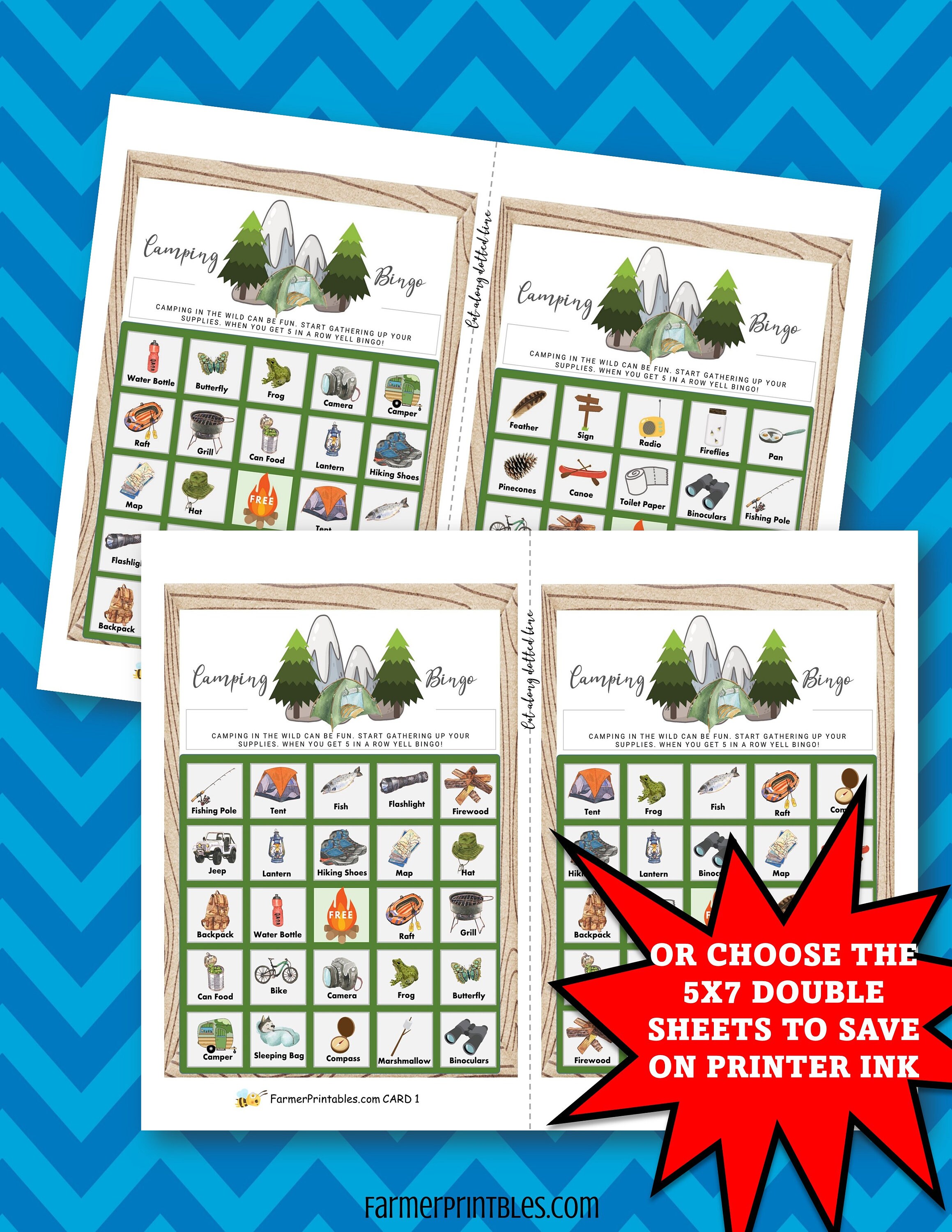 Camping Bingo Game, 30 Game Boards, 5x7 & Full Sheet, Game Pieces, Call ...