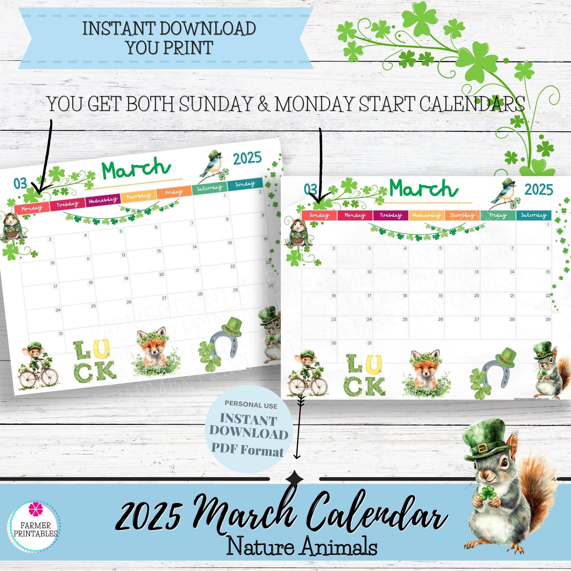 March 2025 Calendar Printable, Nature Animals Calendar 2025, Calendar ...