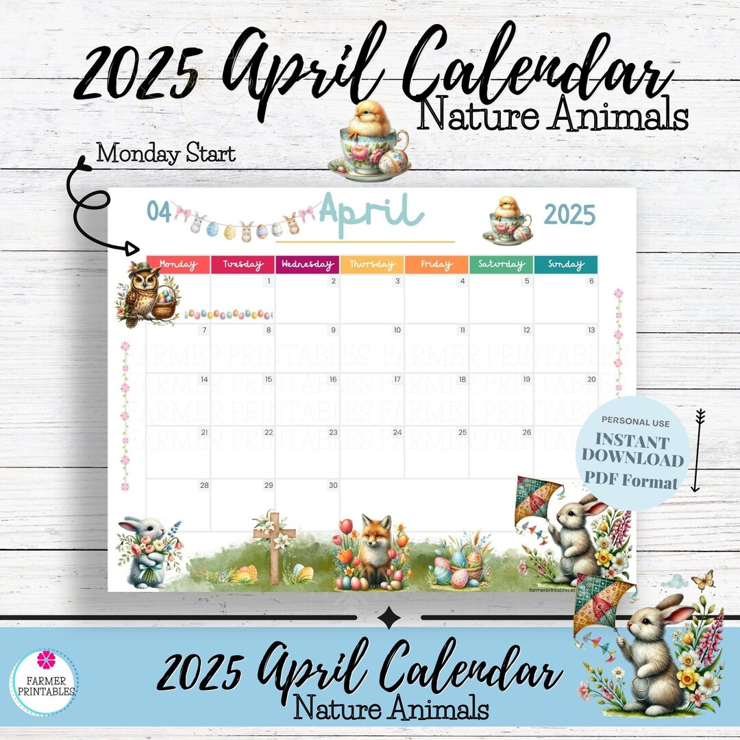 April 2025 Calendar Printable, Nature Animals Calendar 2025, Calendar ...