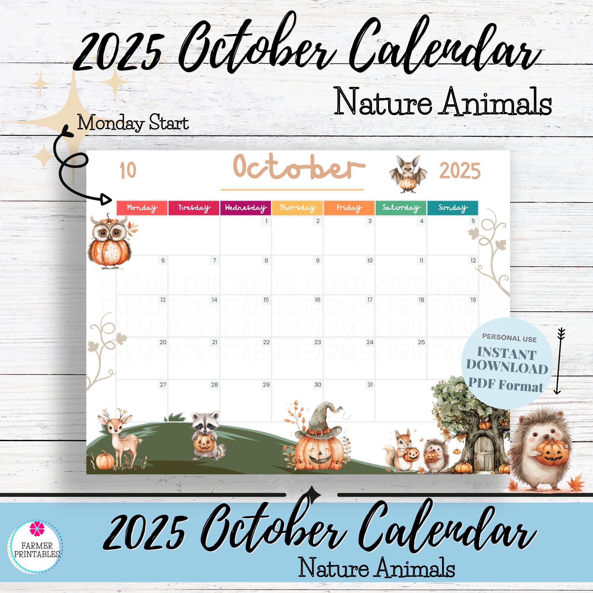 October 2025 Calendar Printable, Nature Animals Calendar 2025, Calendar ...