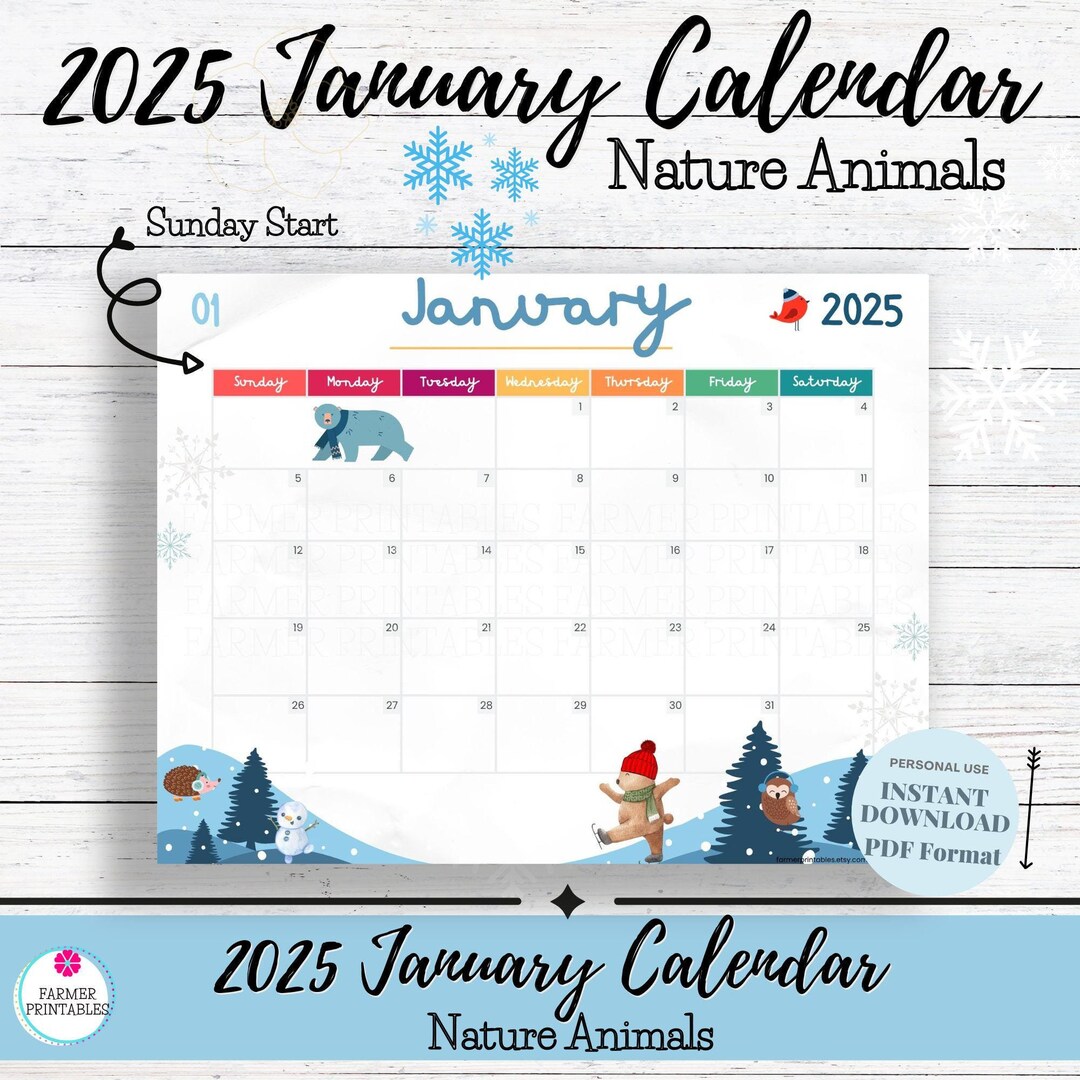 January 2025 Calendar Printable: Nature Animals, Homeschool (digital ...