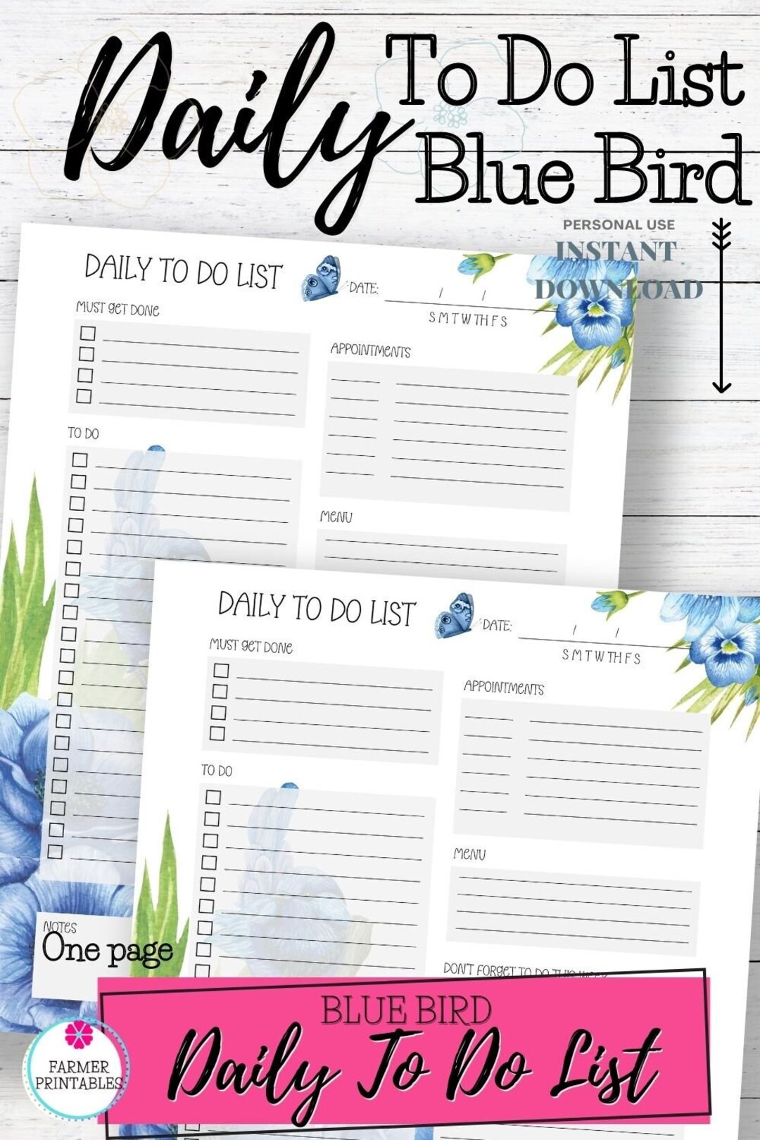 Daily to Do List, Blue Bird Theme Planner Page, Printable to Do List ...