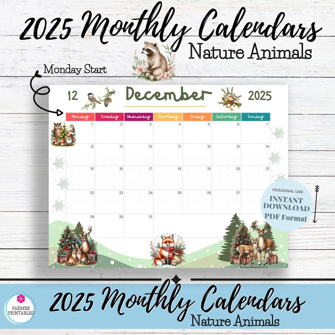2025 Calendar Printable for Teacher Cute, Nature Animals Calendar 2025 ...