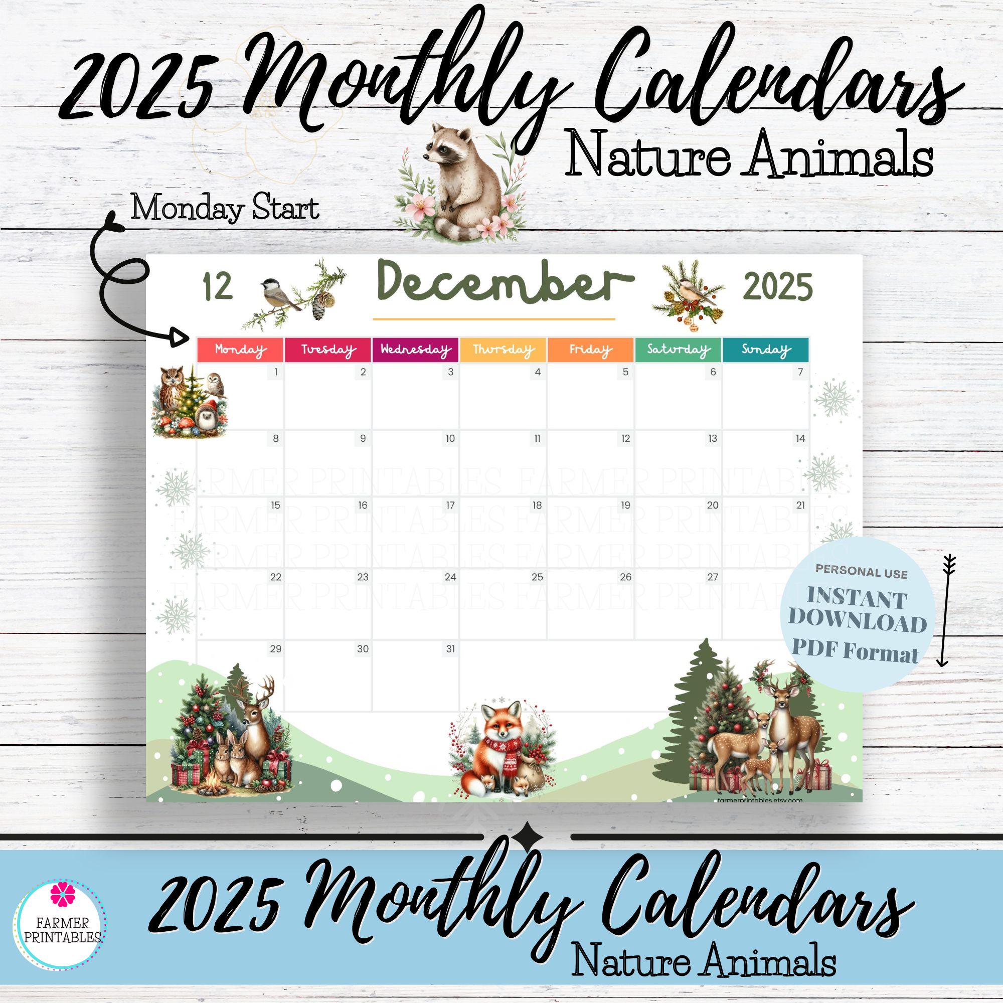Printable Animal Calendar 2025, 12 Monthly Calendars, Nature Animals ...
