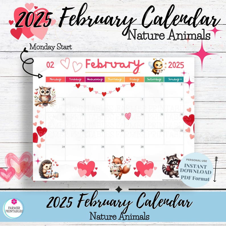 February 2025 Calendar Printable: Nature Animals, Homeschool (digital ...