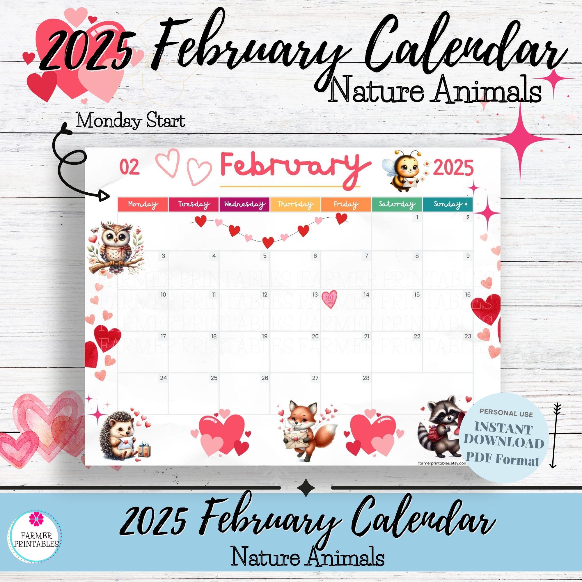 February 2025 Calendar Printable: Nature Animals, Homeschool (digital ...