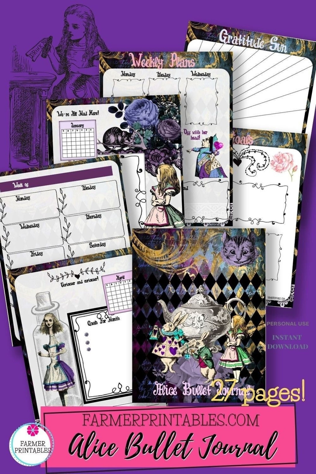 Alice in Wonderland Printable Journal, Bullet Journal Undated Calendar ...