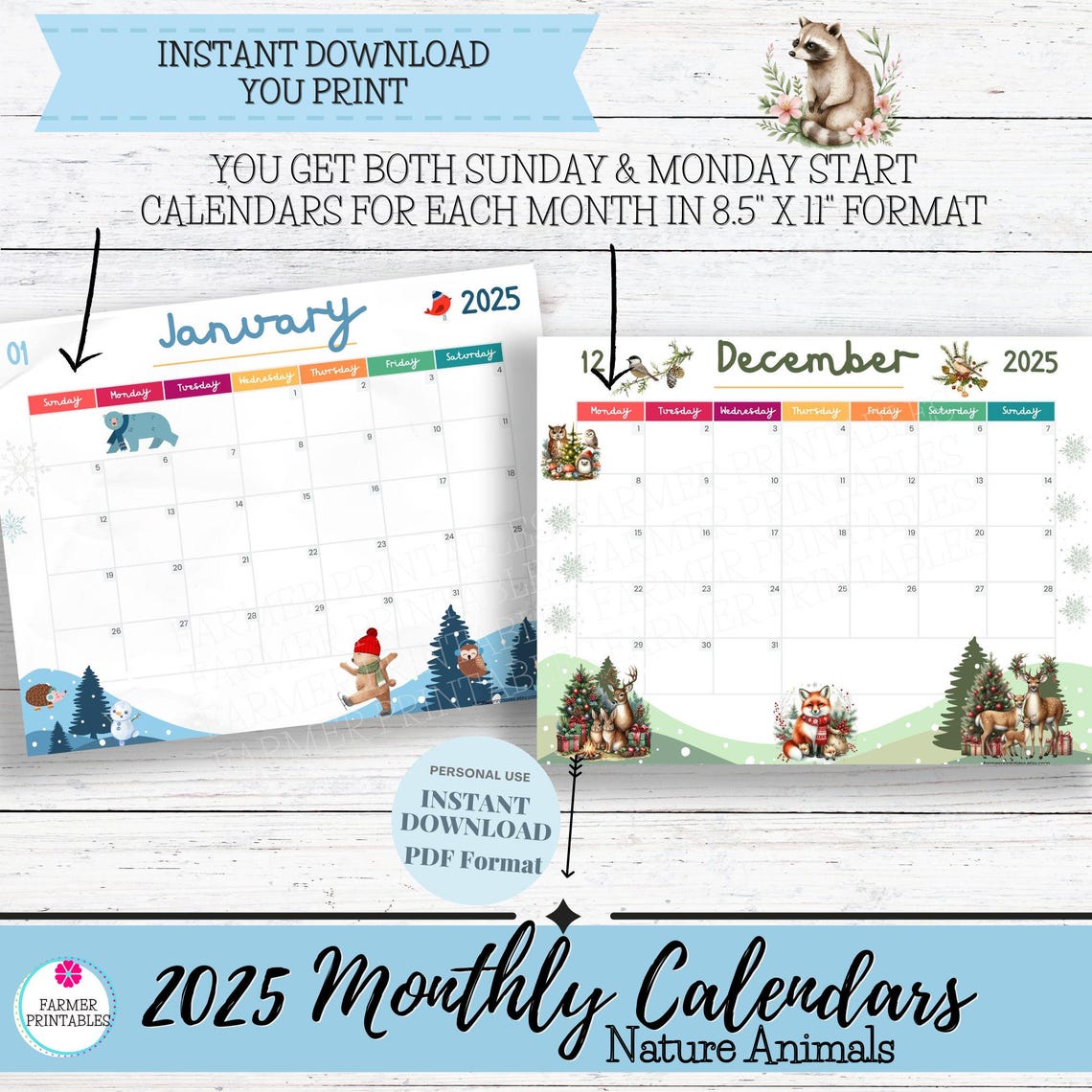 2025 Calendar Printable for Teacher Cute, Nature Animals Calendar 2025 ...