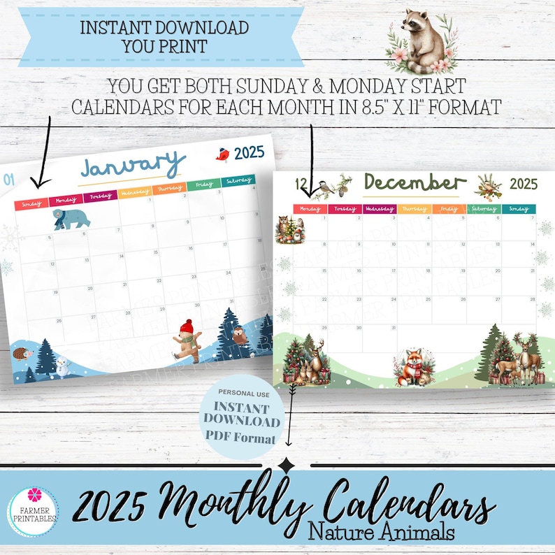 2025 Calendar Printable for Teacher Cute, Nature Animals Calendar 2025 ...