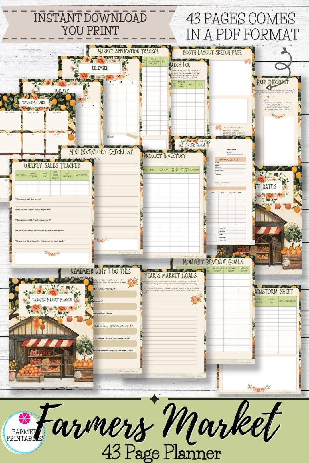 Peach Farmers Market Planner Printable | Market Vendor Organizer ...