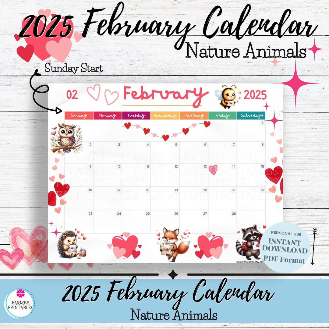 February 2025 Calendar Printable: Nature Animals, Homeschool (digital ...