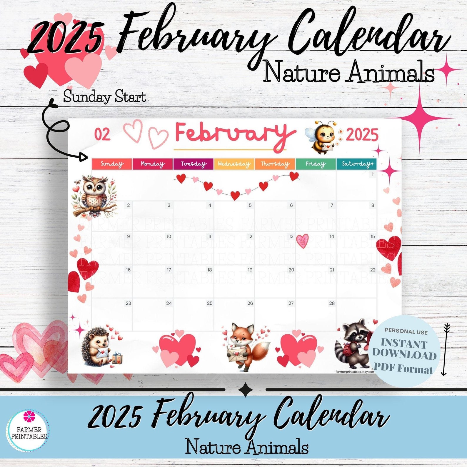 February 2025 Calendar Printable: Nature Animals, Homeschool (digital ...