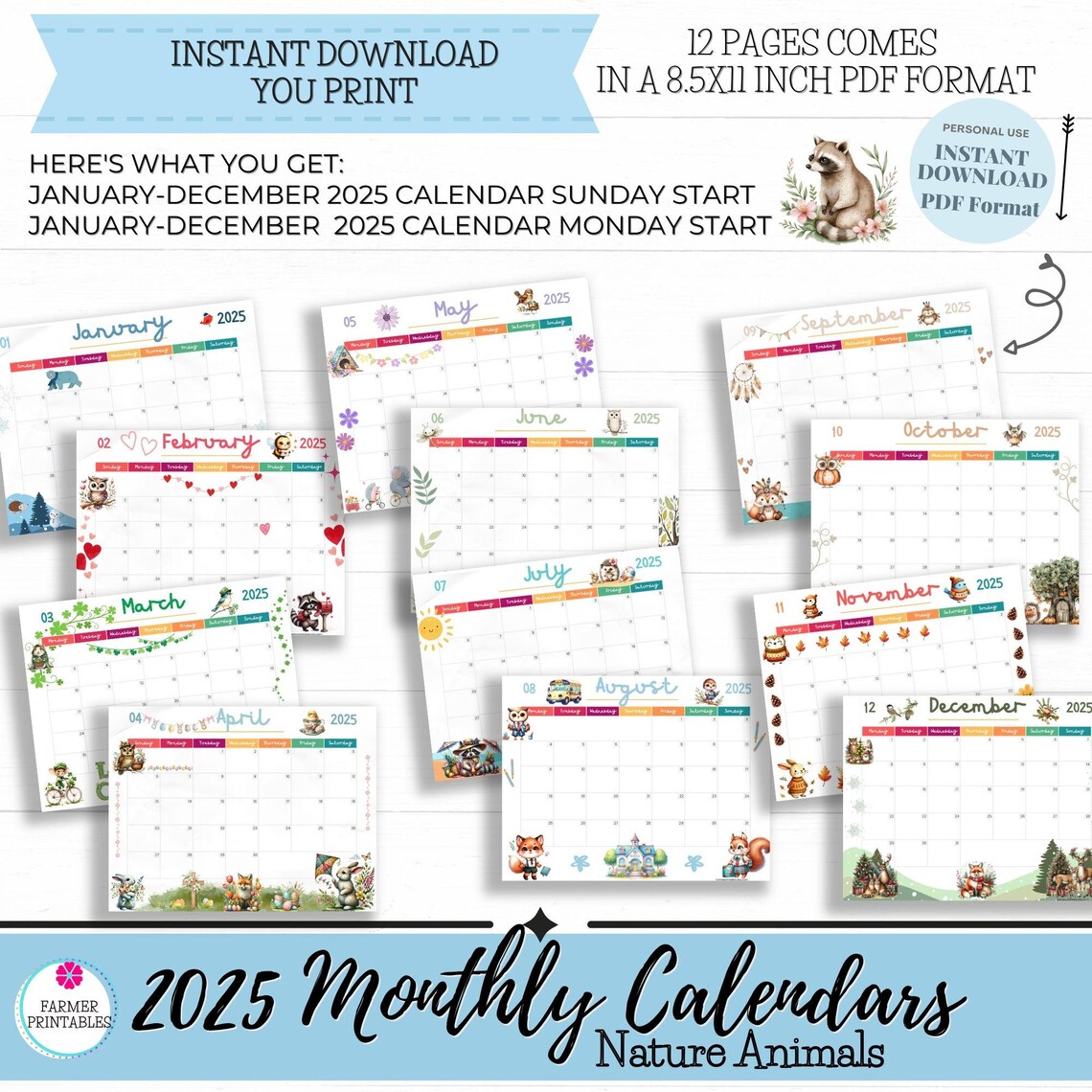 2025 Calendar Printable for Teacher Cute, Nature Animals Calendar 2025 ...