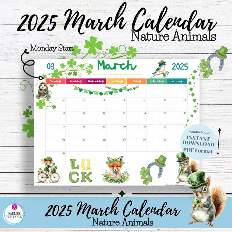 March 2025 Calendar Printable, Nature Animals Calendar 2025, Calendar ...