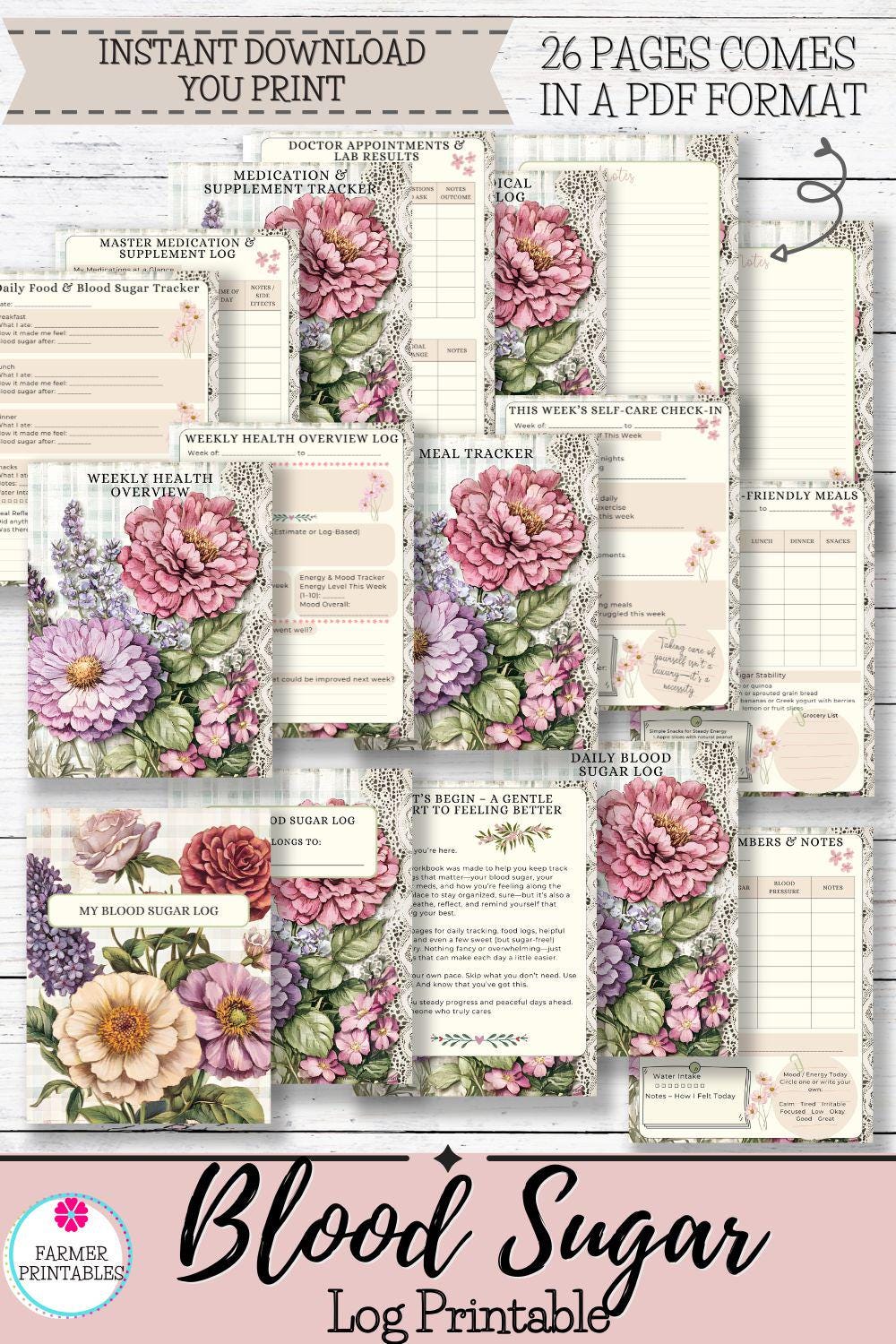 Blood Sugar Log Printable | Diabetes Tracker Planner | Glucose, Meals ...
