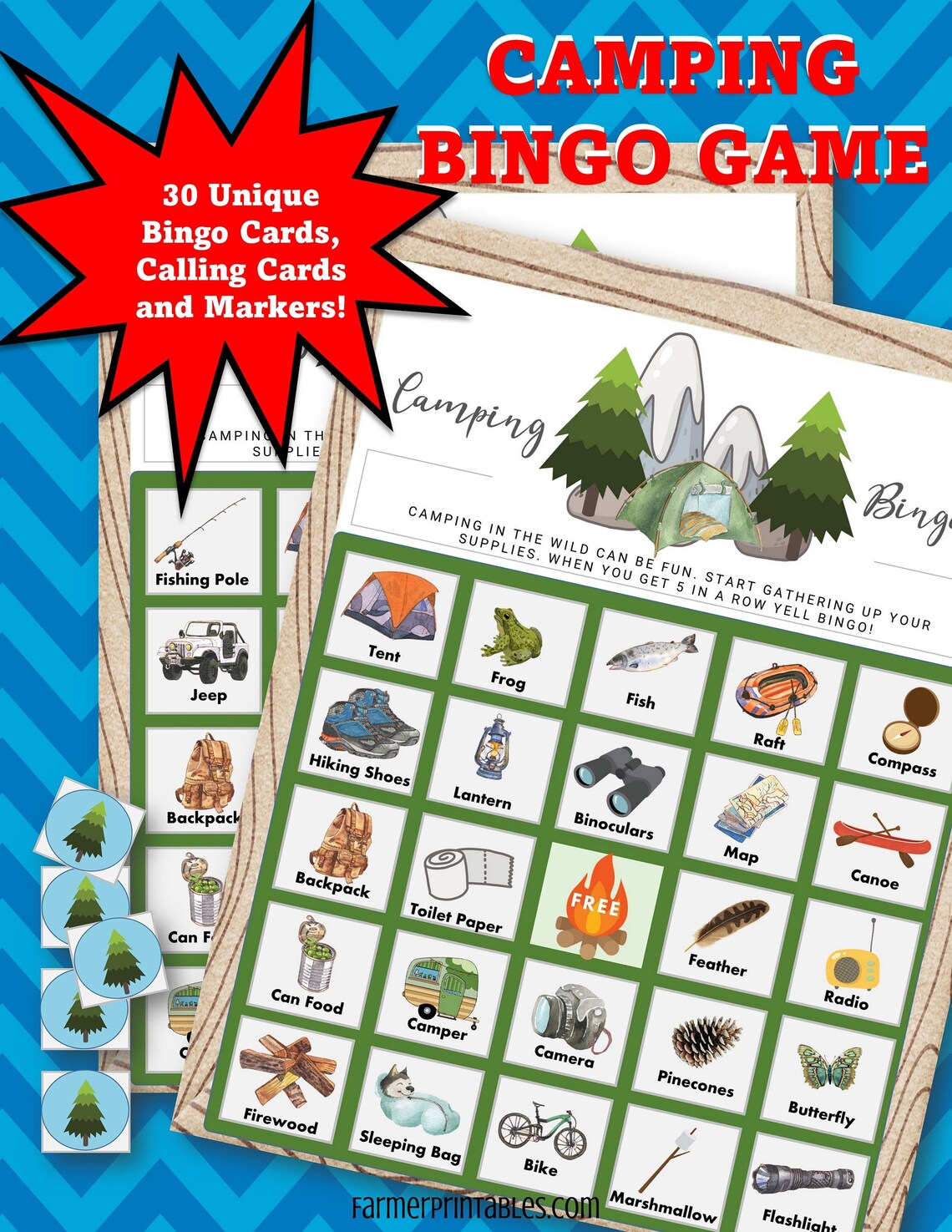 Camping Bingo Game, 30 Game Boards, 5x7 & Full Sheet, Game Pieces, Call ...