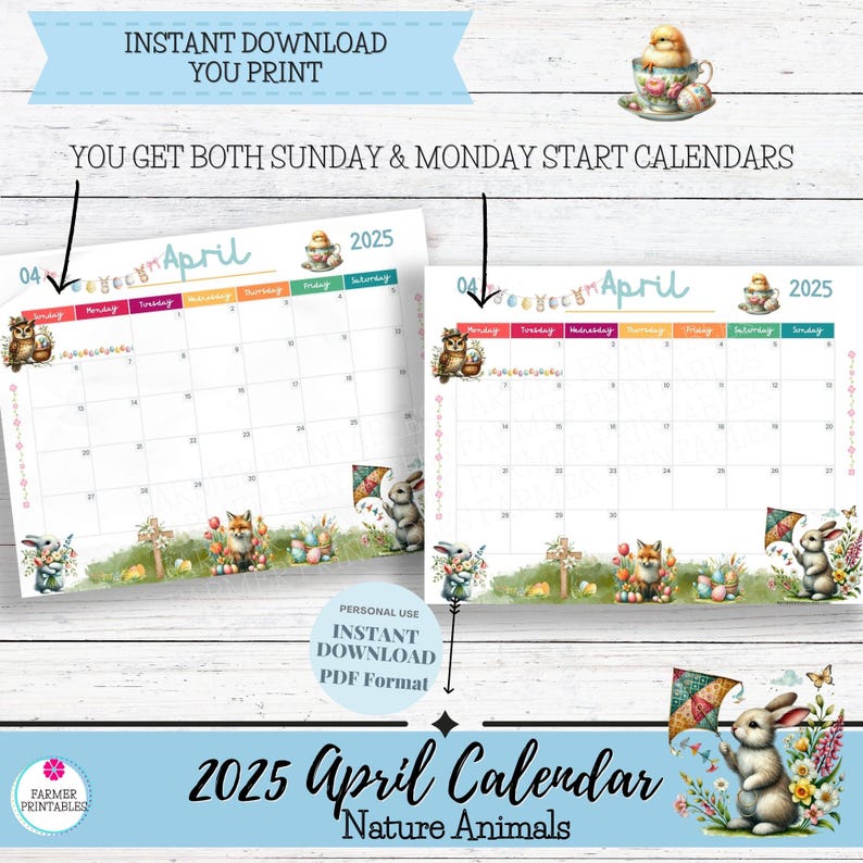 April 2025 Calendar Printable, Nature Animals Calendar 2025, Calendar ...